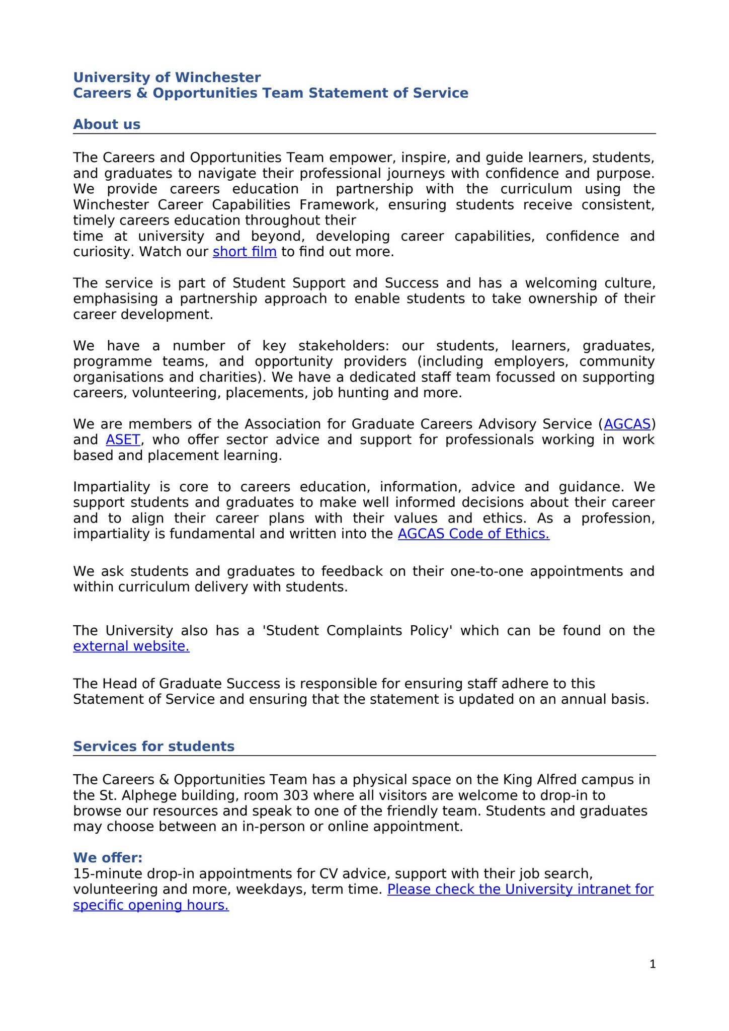 University of Winchester Careers Service Statement of Service 2025 by ...