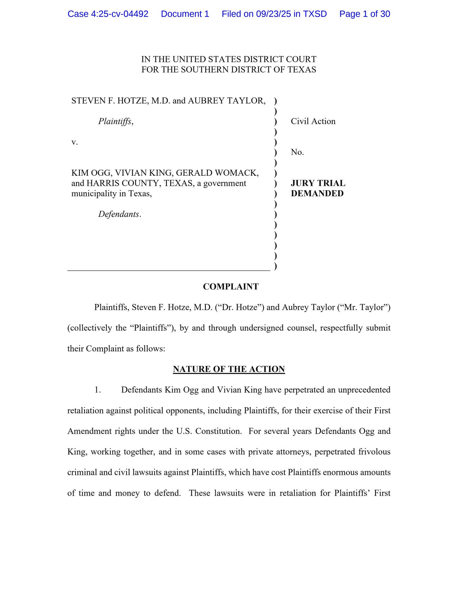 Taylor, Hotze Versus Ogg, King, Womack and Harris County - Federal ...