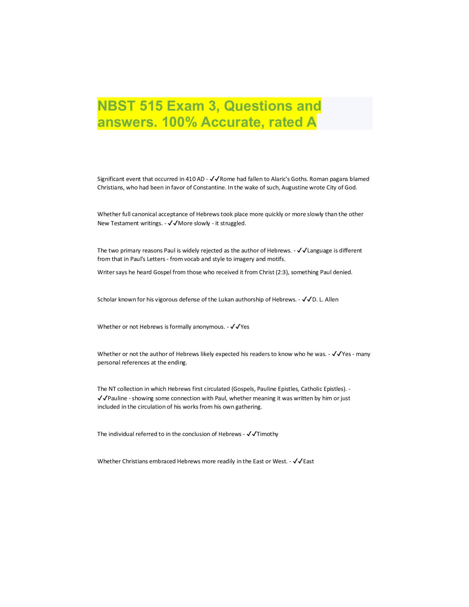 NBST 515 NEW TESTAMENT ORIENTATION 1 - EXAM 3 (QUESTIONS & ANSWERS) by ...