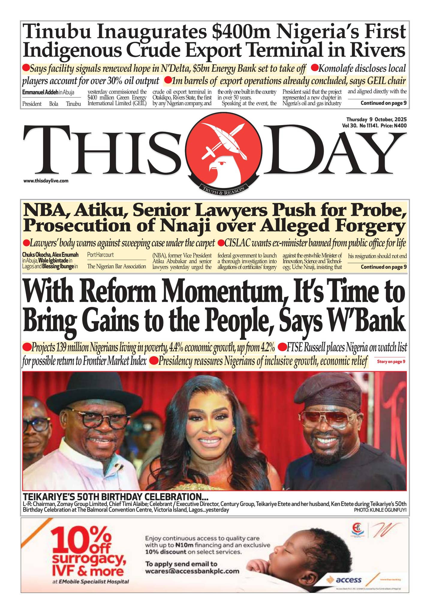 THURSDAY 9TH OCTOBER 2025 by THISDAY Newspapers Ltd - Issuu