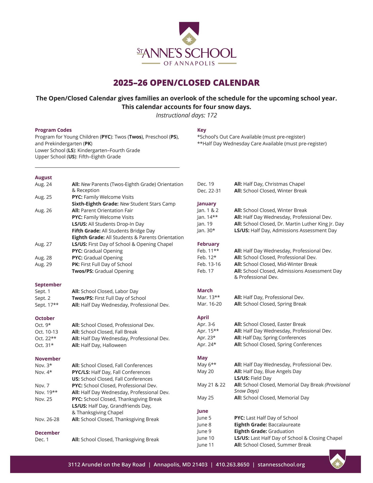 2025-26 SASA Open Closed Calendar by stannesschoolofannapolis - Issuu