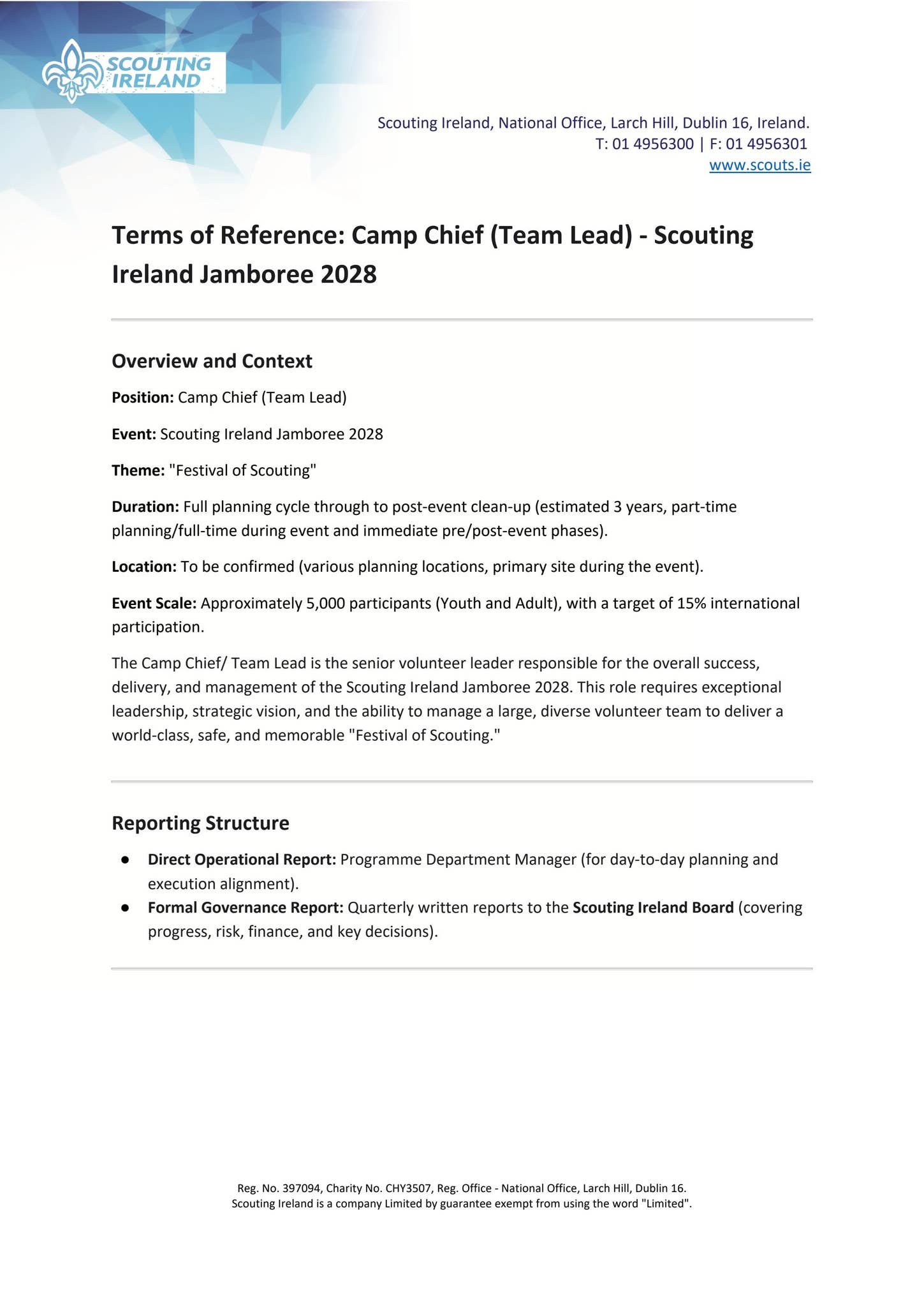 Camp Chief (Team Lead) - Scouting Ireland Jamboree 2028 - Terms of ...