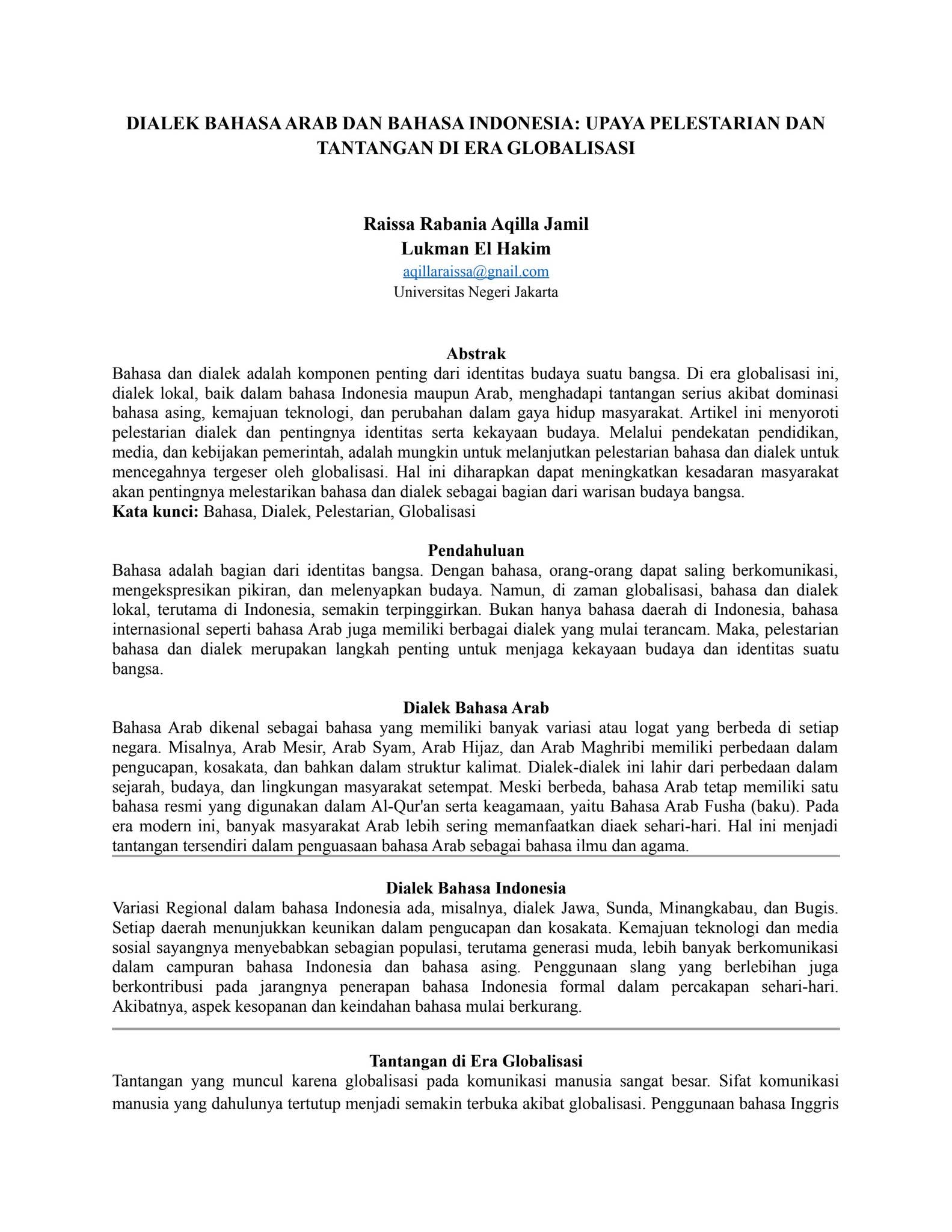 DIALEK BAHASA ARAB DAN BAHASA INDONESIA: UPAYA PELESTARIAN DAN ...