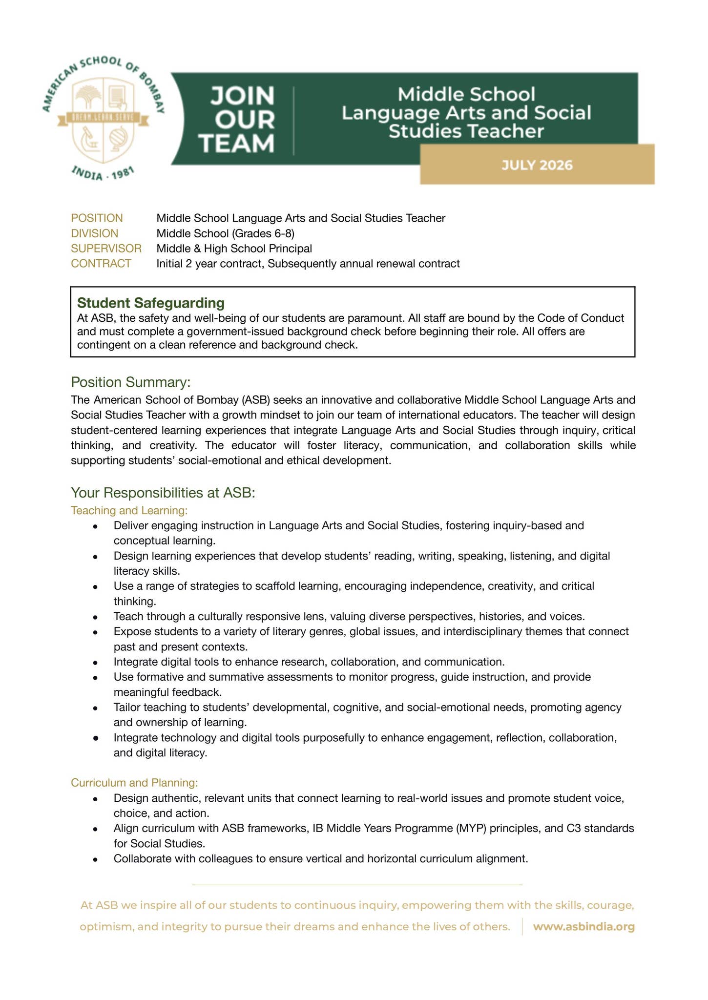 ASB Middle School Language Arts and Social Studies Teacher by asbindia ...