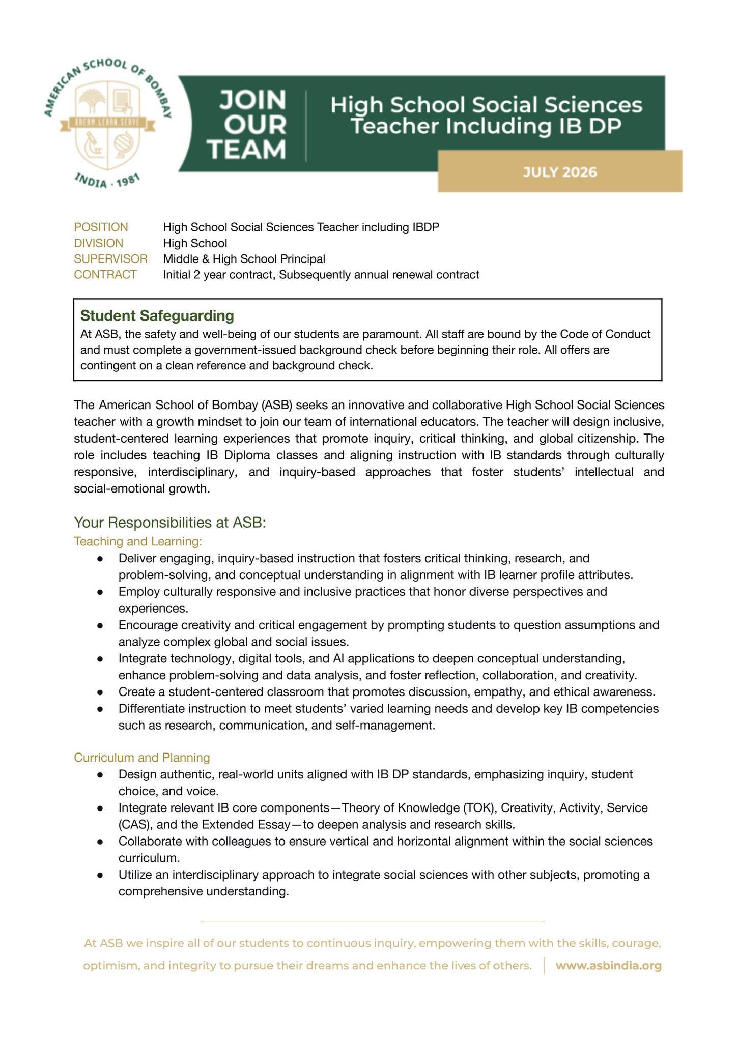 ASB High School Social Sciences Teacher by asbindia.org - Issuu