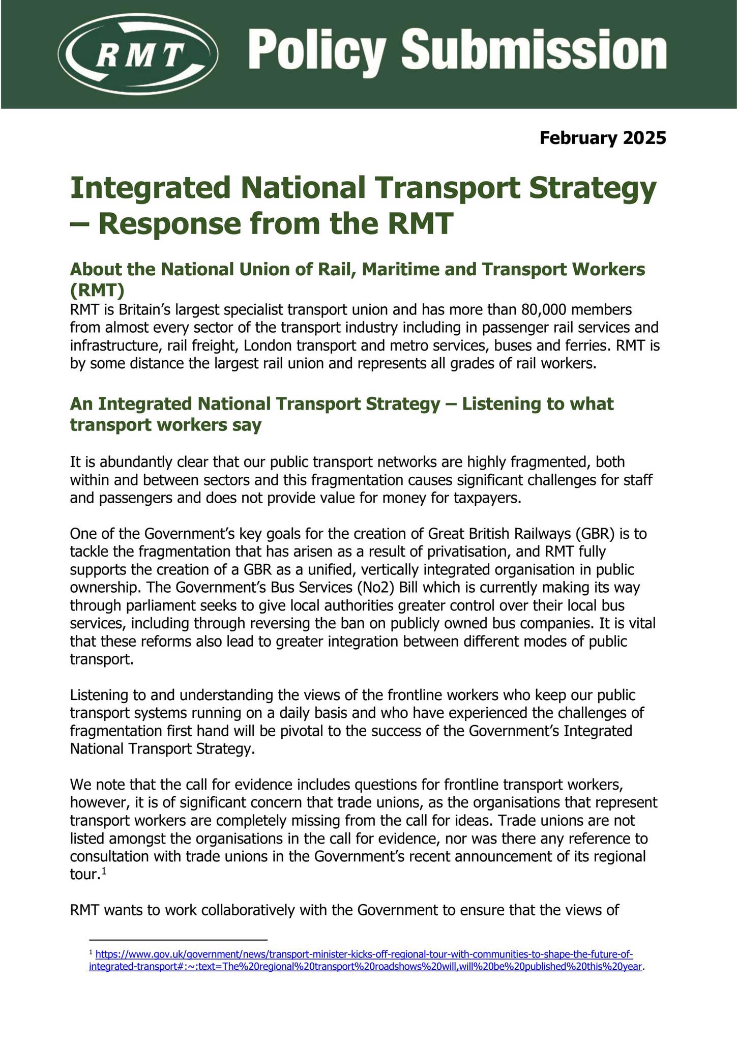 Integrated National Transport Strategy - Response from the RMT by RMT ...