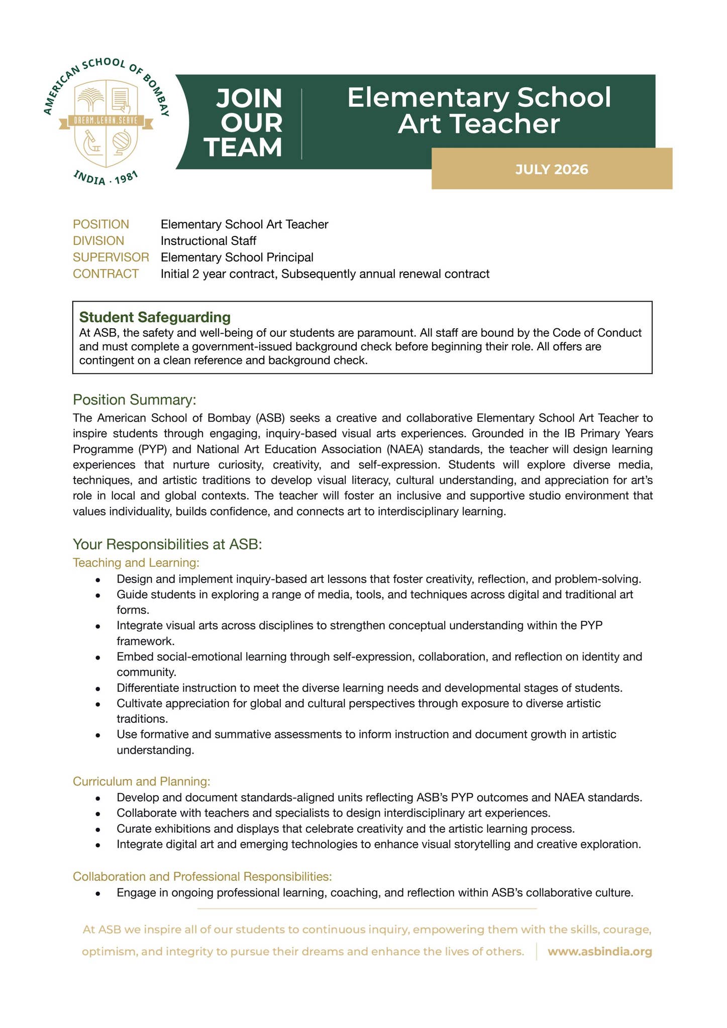 ASB Elementary School Art Teacher by asbindia.org - Issuu