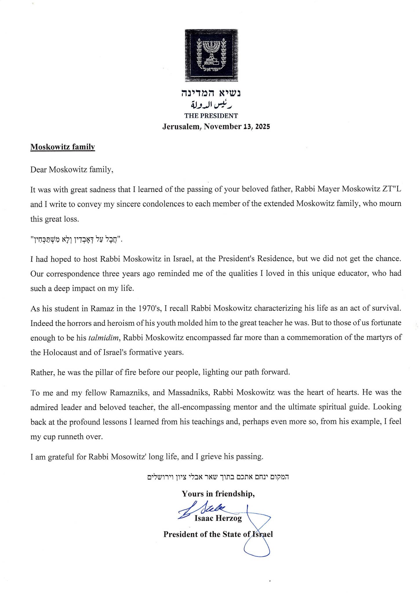 Letter from President Herzog to Moskowitz Family by Ramaz School - Issuu