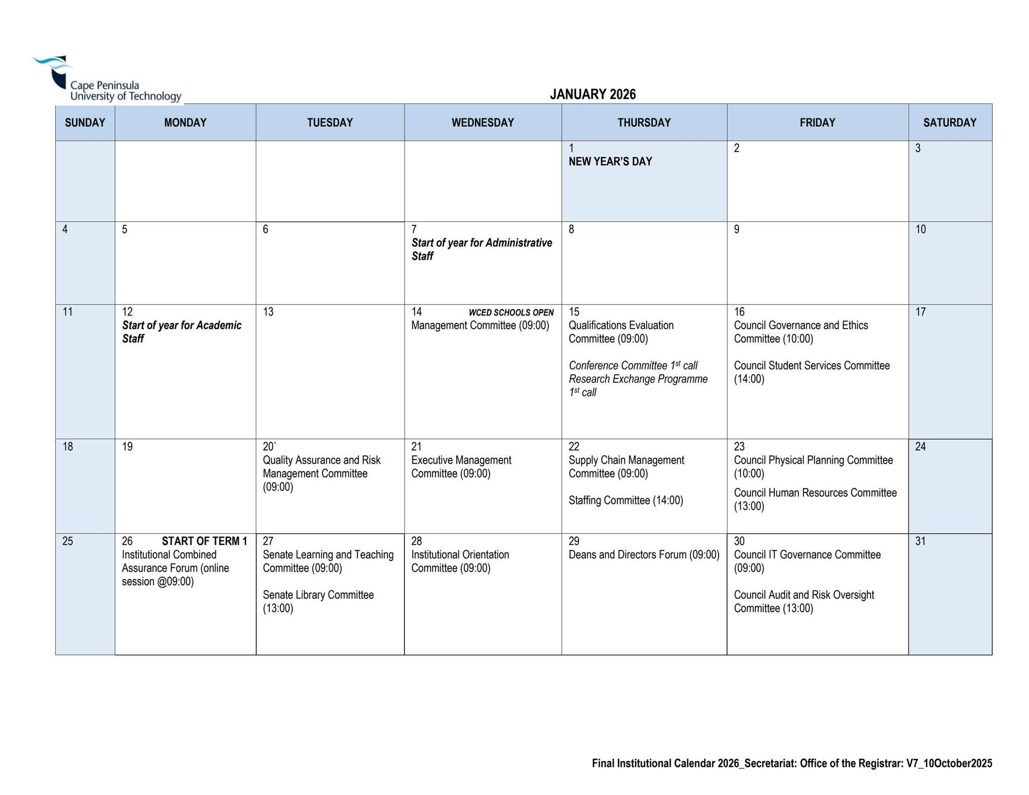 2026 Institutional Calendar by Cape Peninsula University of Technology ...
