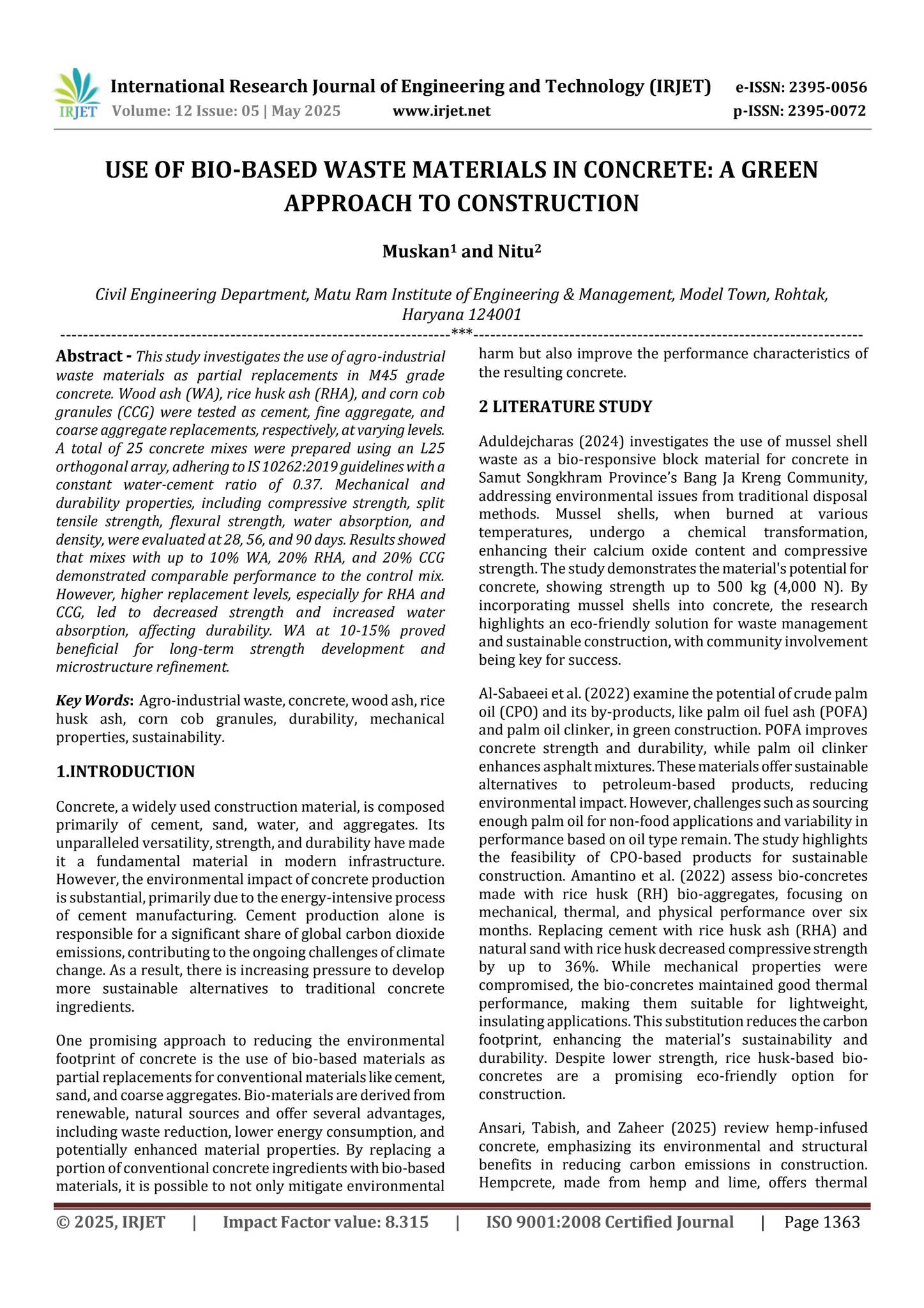 USE OF BIO-BASED WASTE MATERIALS IN CONCRETE: A GREEN APPROACH TO ...