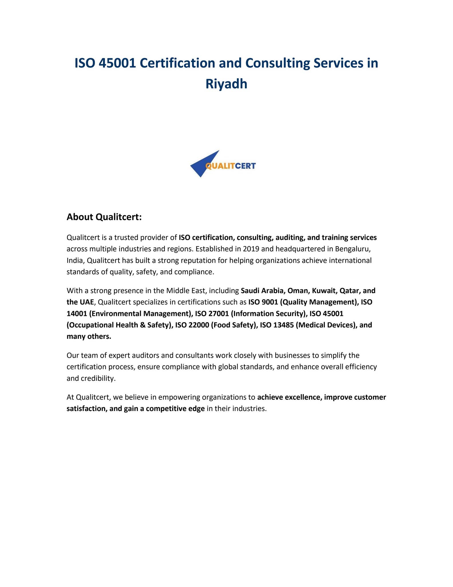 ISO 45001 Certification and Consulting Services in Riyadh by Qualitcert ...