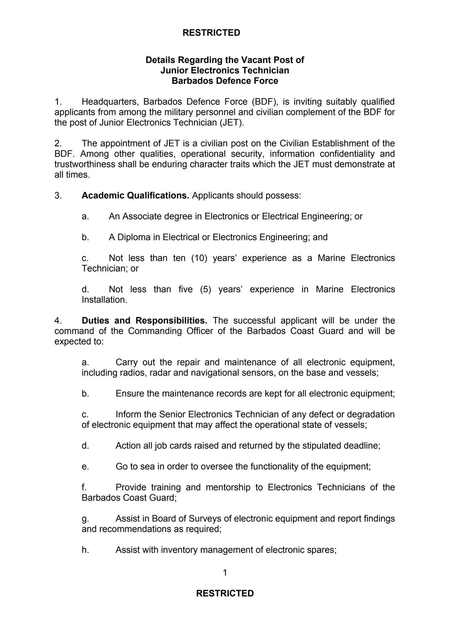 BDF VACANCY - JUNIOR ELECTRONICS TECHNICIAN by barbadosdefenceforce - Issuu