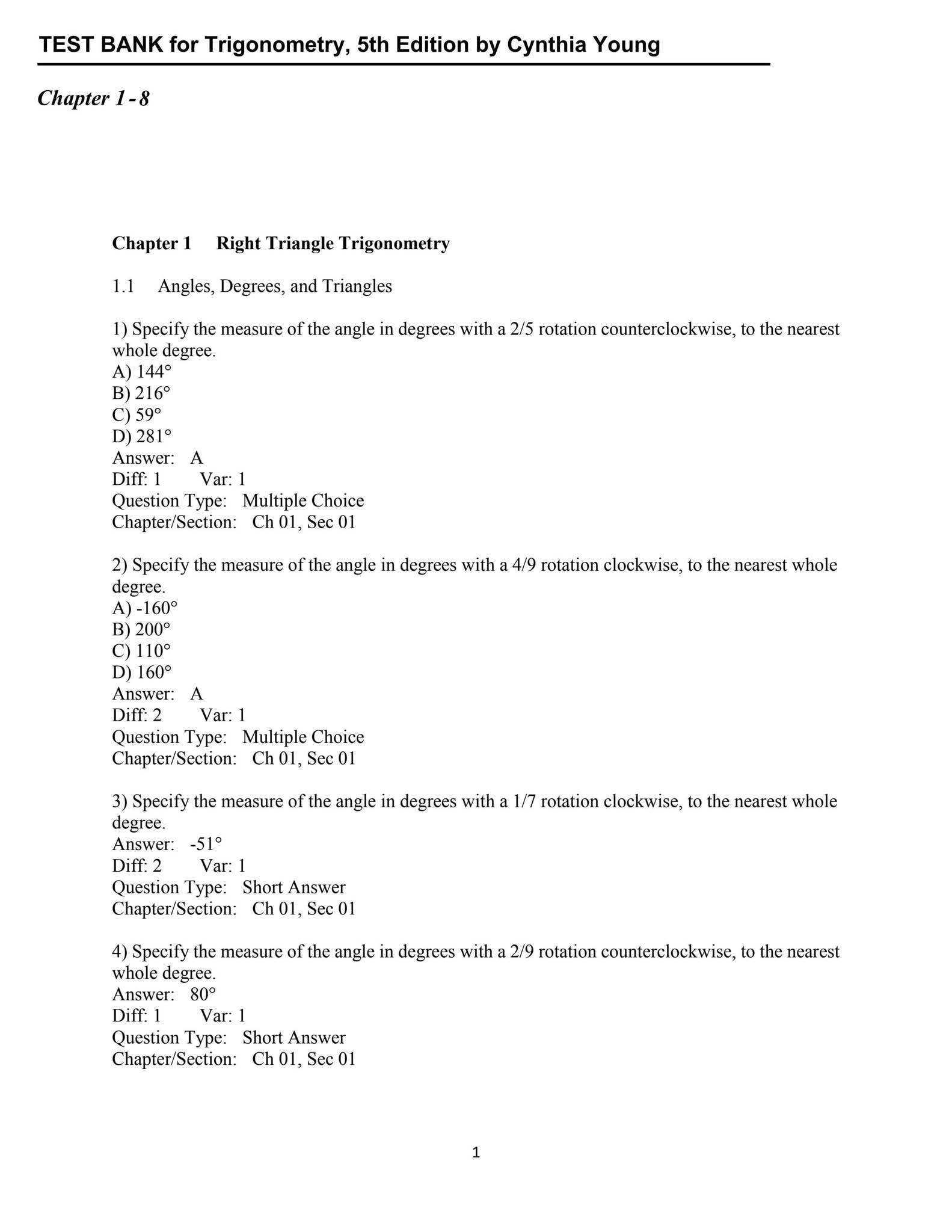 TEST BANK for Trigonometry, 5th Edition by Cynthia Young by ...