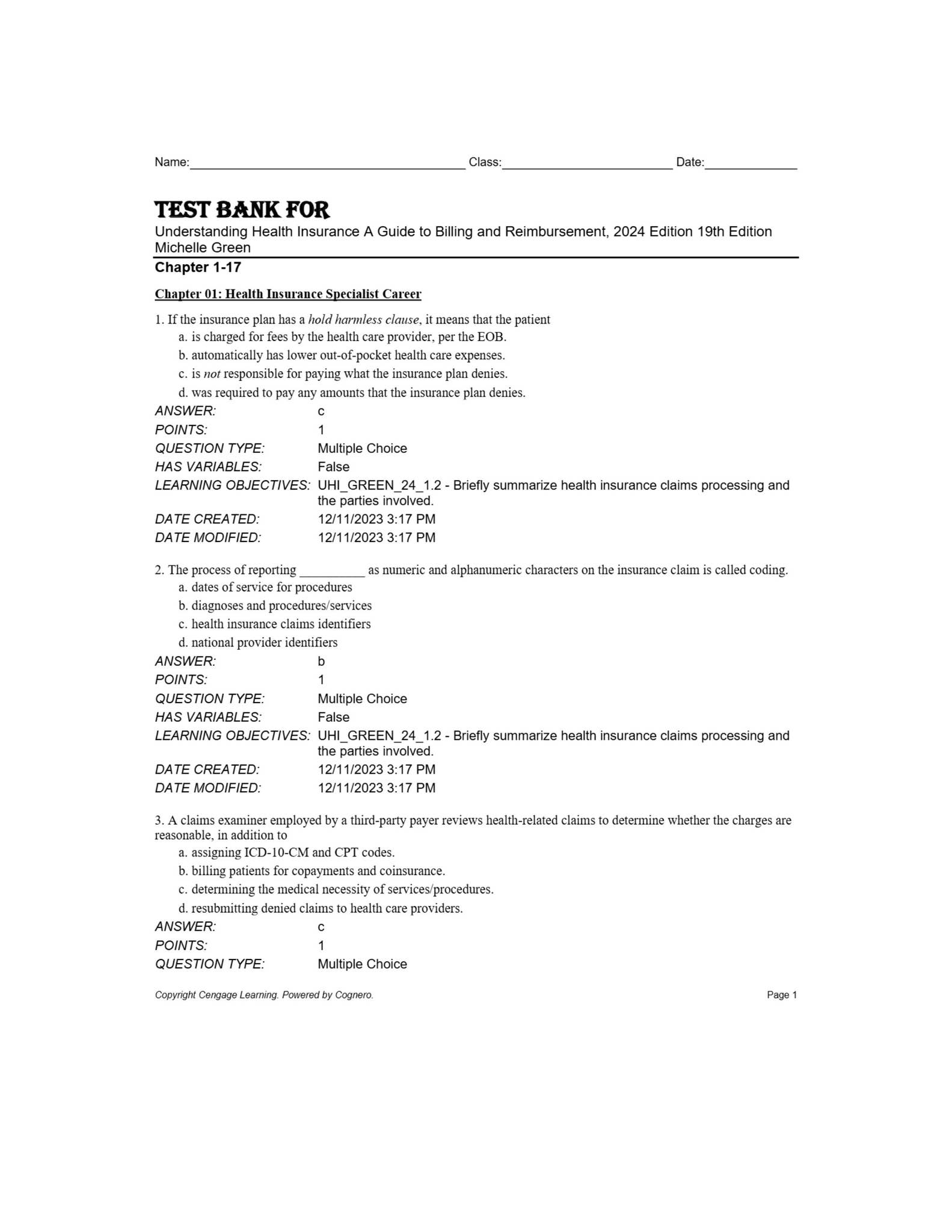 Test Bank For Understanding Health Insurance A Guide to Billing and ...