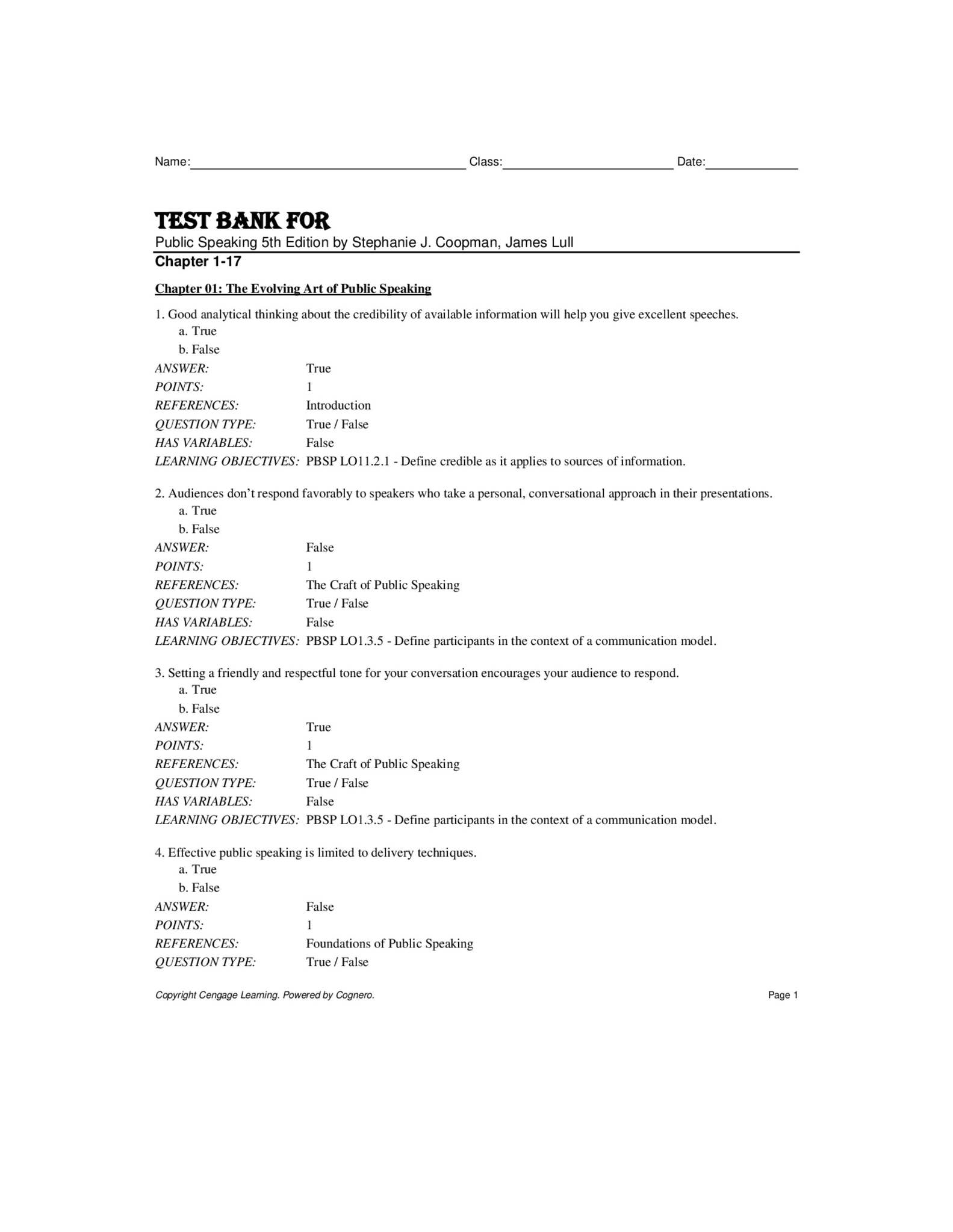 Test Bank For Public Speaking 5th Edition by Stephanie J. Coopman ...