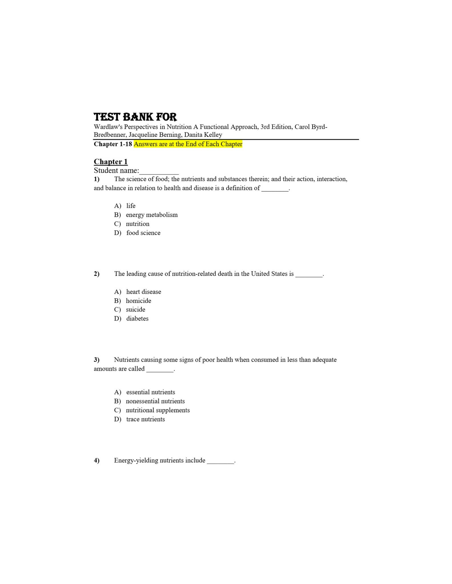 Test Bank For Wardlaw's Perspectives in Nutrition A Functional Approach ...