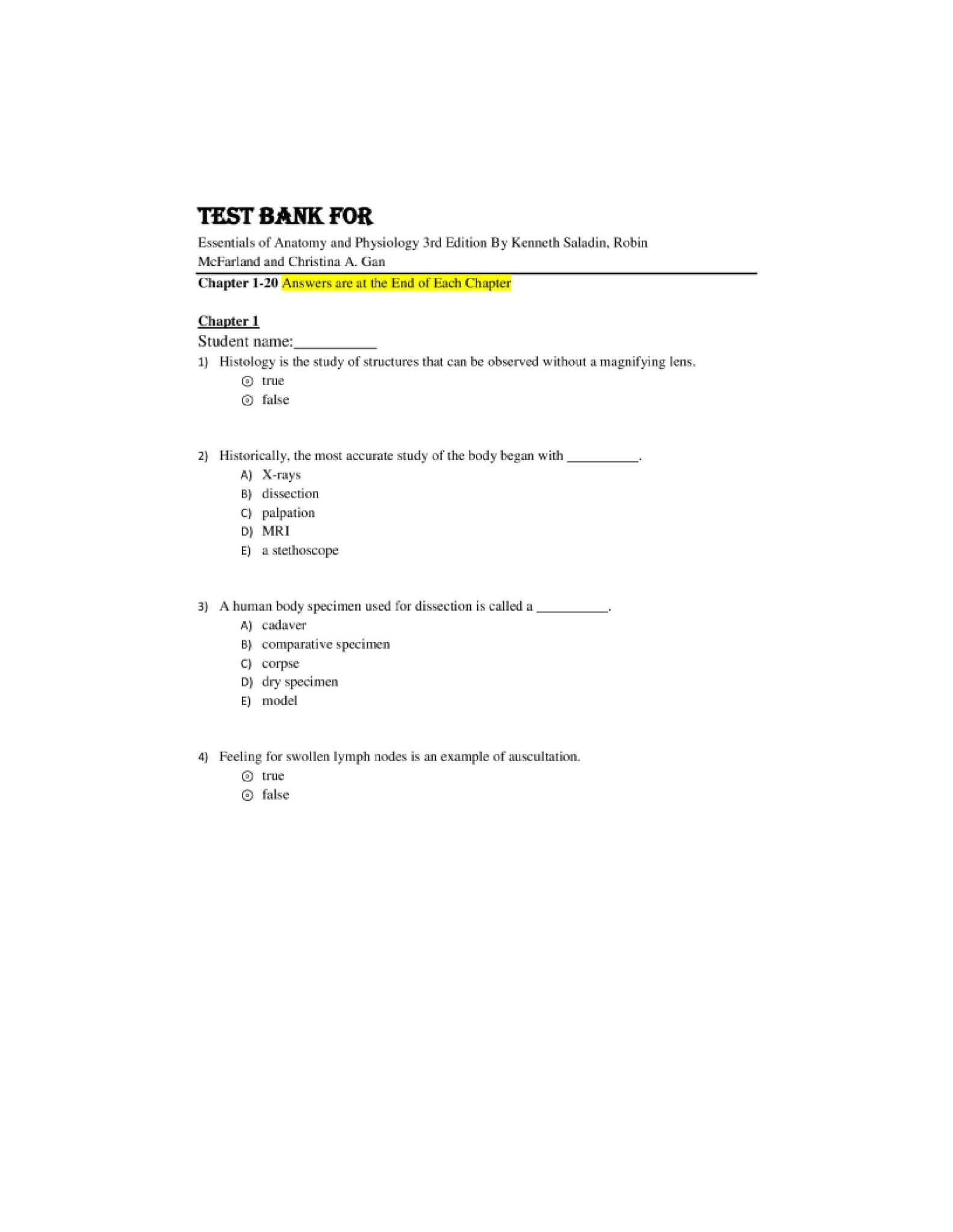 Test Bank For Essentials of Anatomy and Physiology 3rd Edition By ...