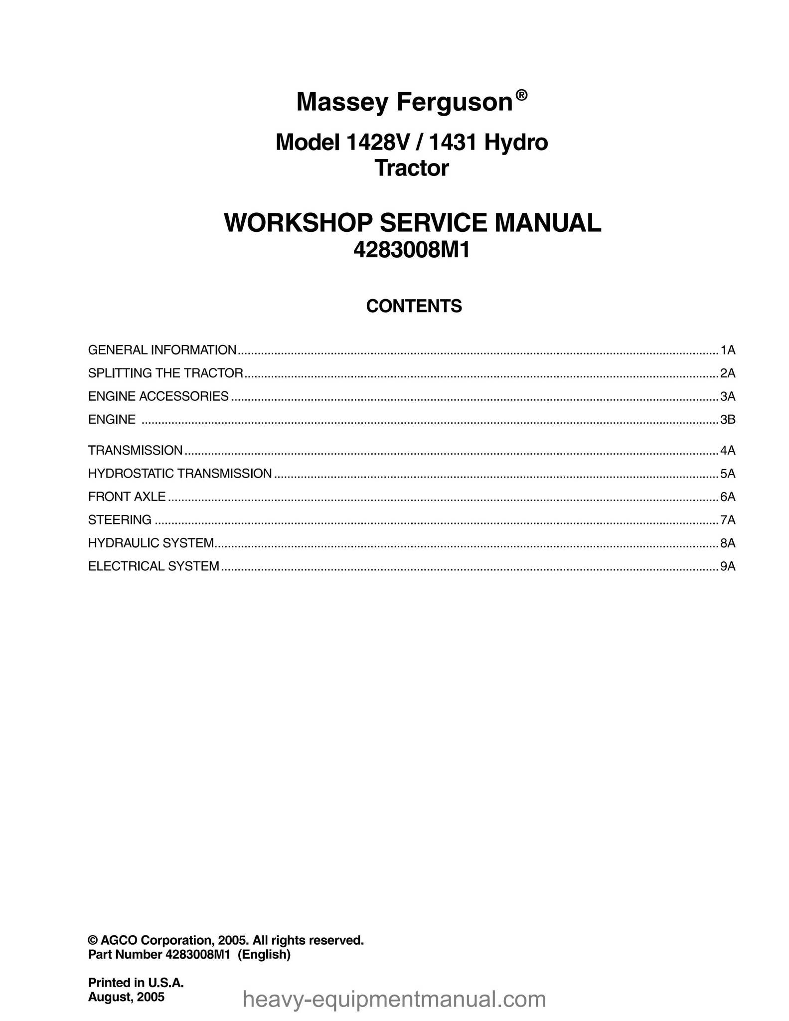 Service Manual - Massey Ferguson 1428v Hydro Compact Tractor Pdf by ...