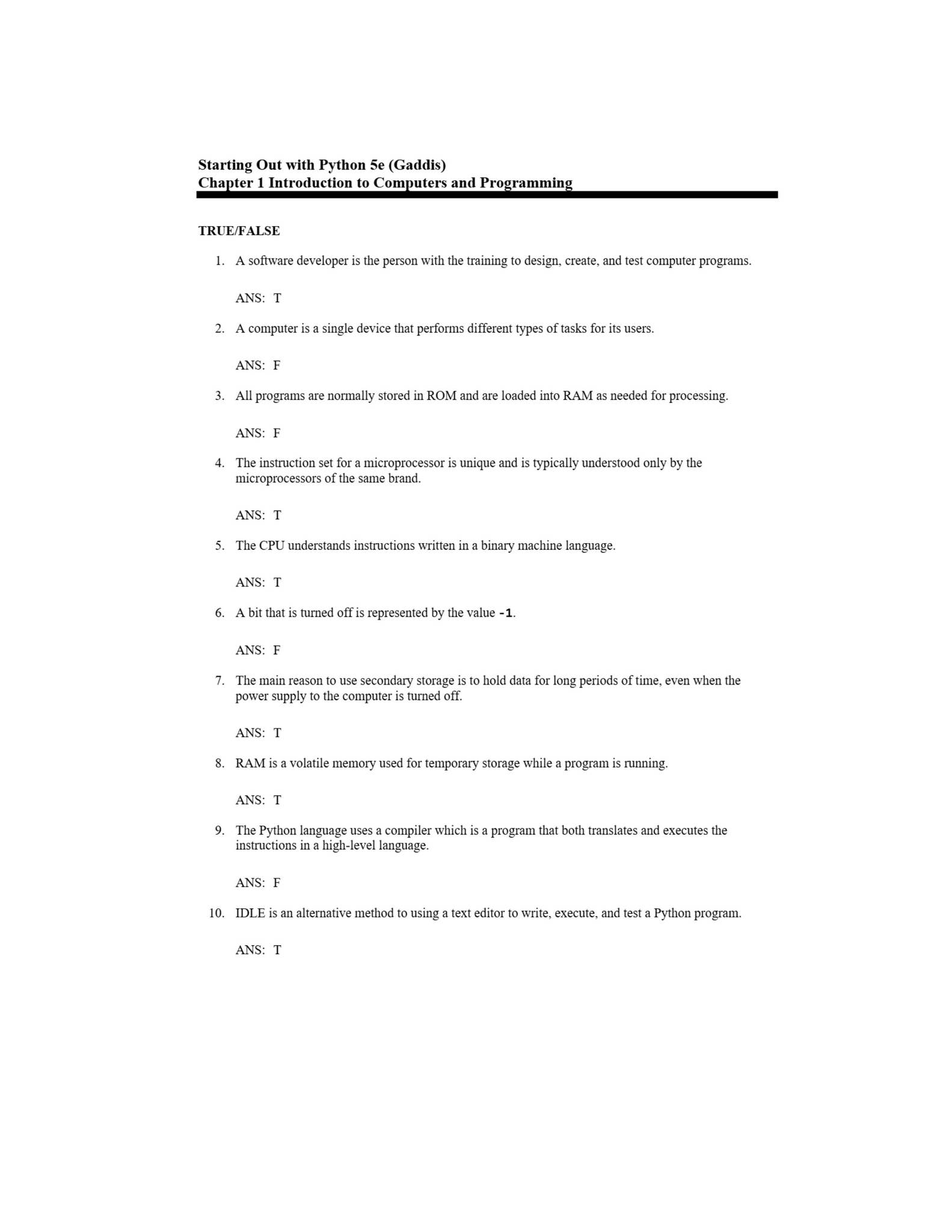 Starting Out with Python, 5th Edition by Tony Gaddis Test Bank by ...