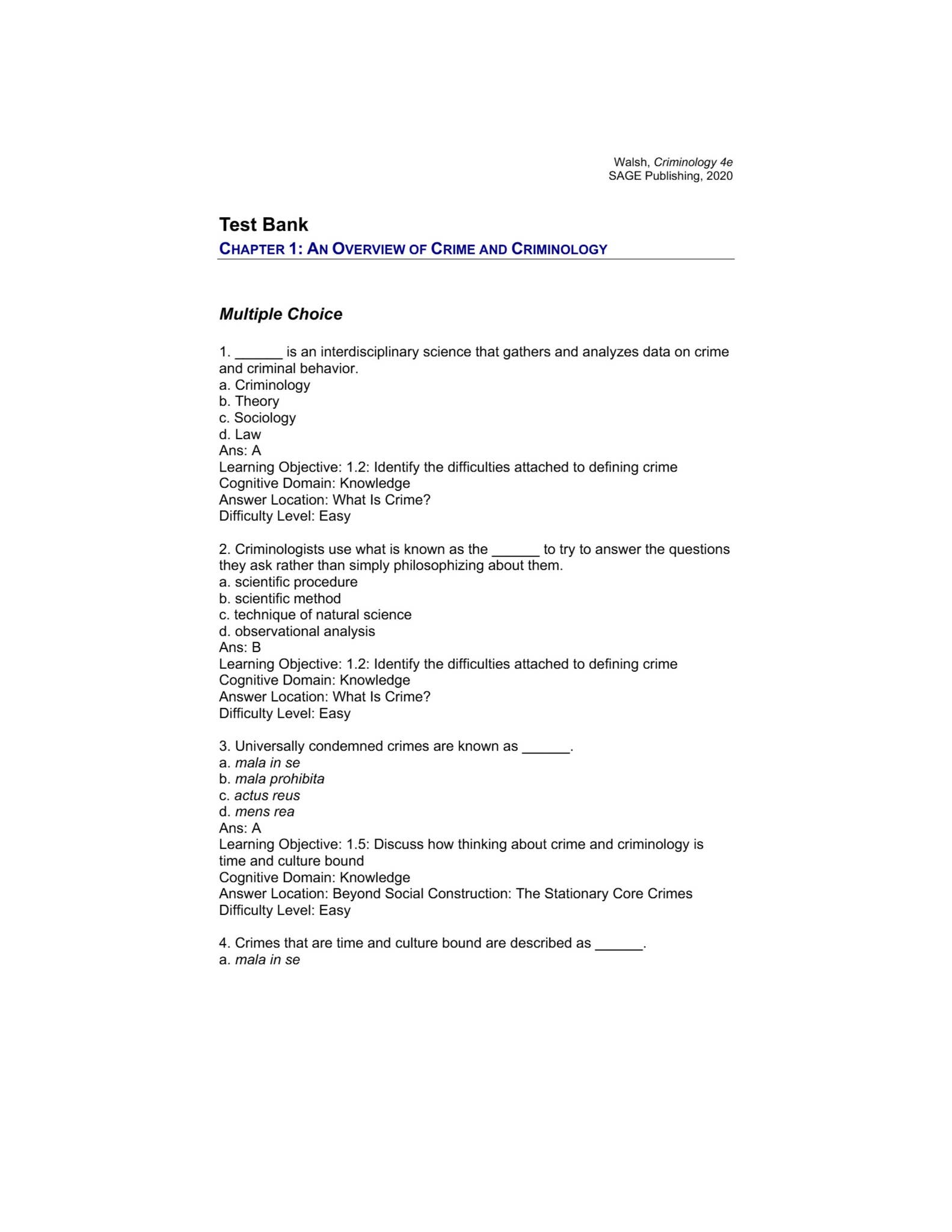 Test Bank for Criminology The Essentials 4th Edition by Anthony Walsh ...