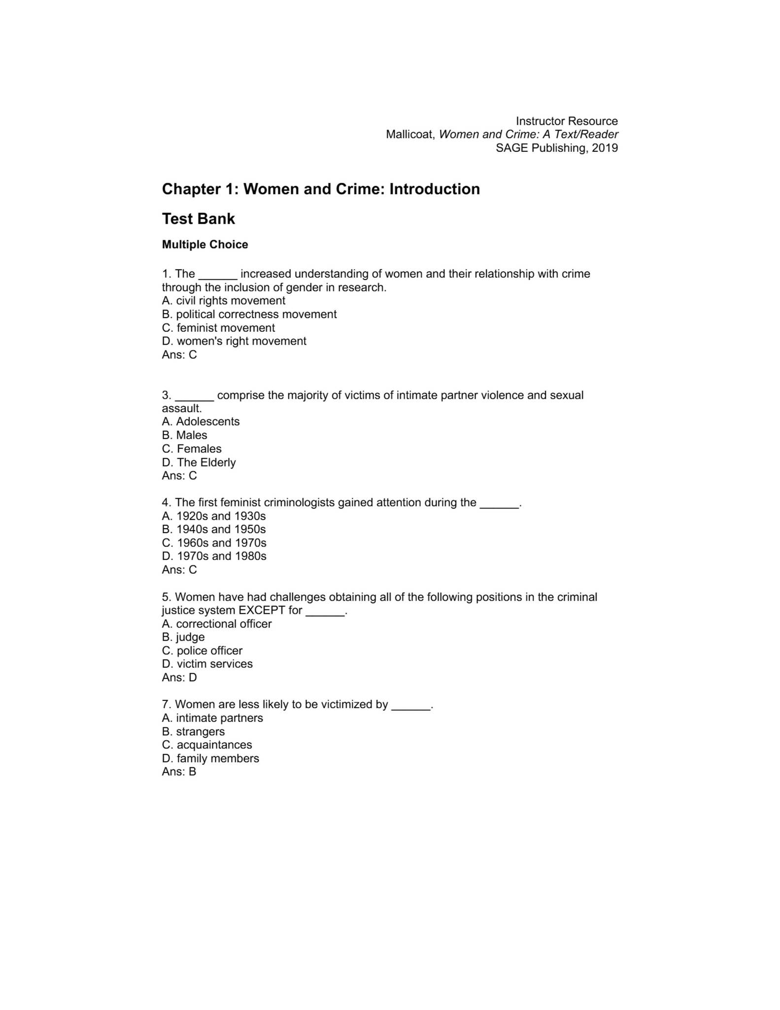 Women, Gender, and Crime, Core Concepts, 1st Edition by Stacy Mallicoat ...