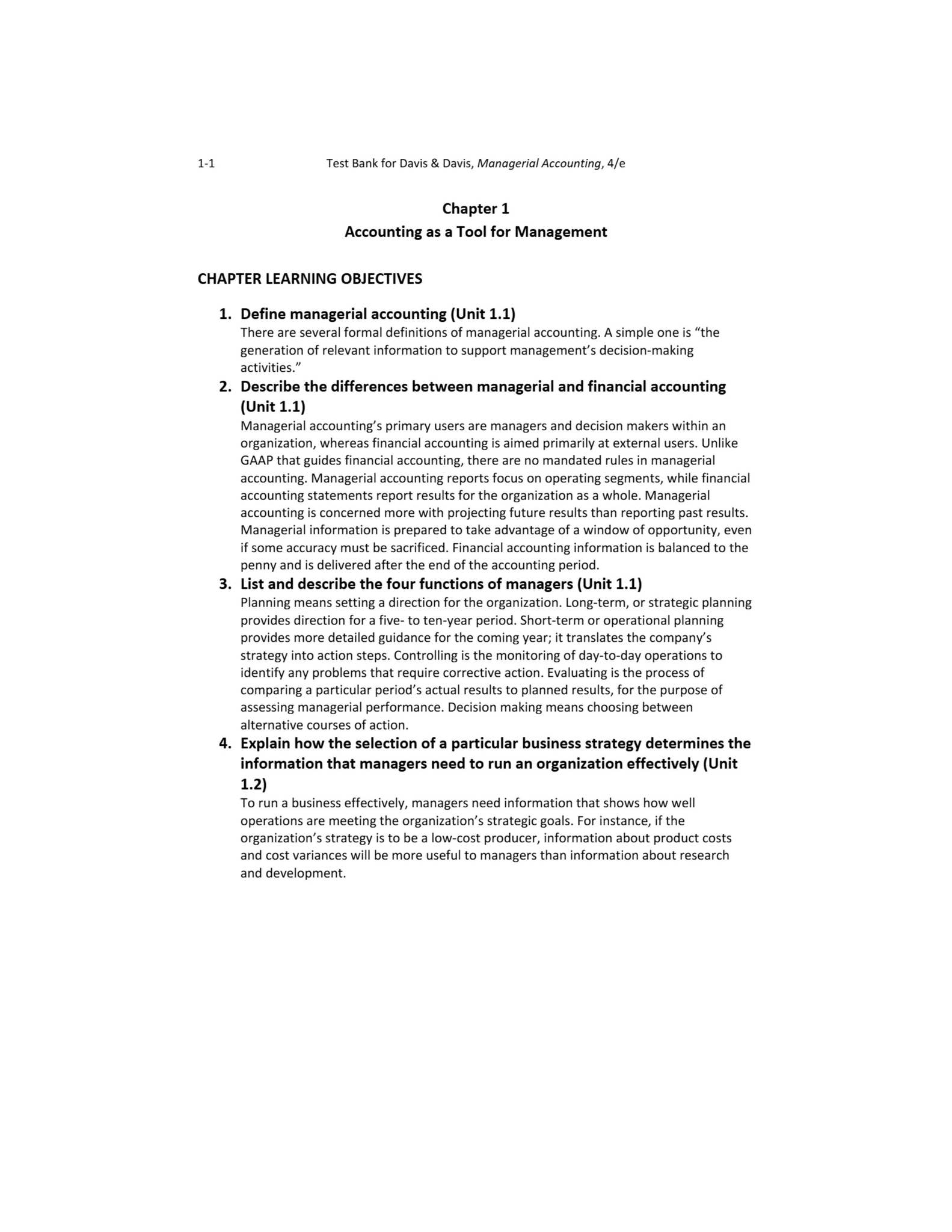 Test Bank for Managerial Accounting, 4th Edition by Charles Davis ...