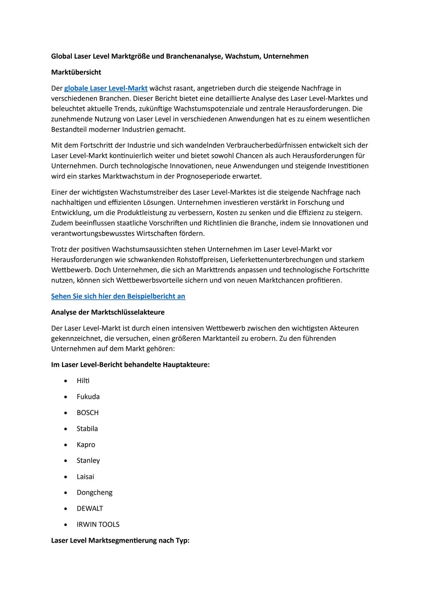 Global Laser Level Marktgröße und Branchenanalyse, Wachstum ...