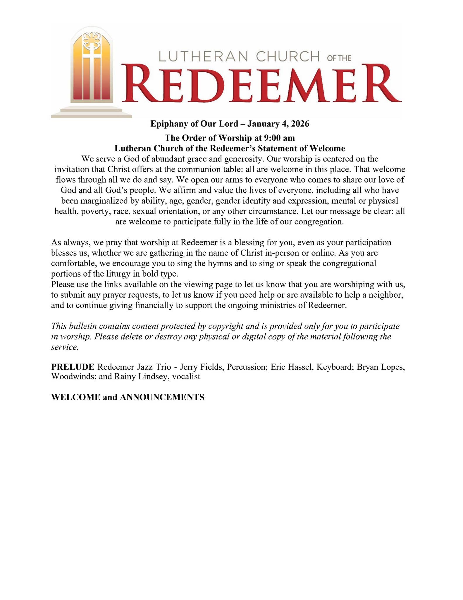 sunday jan 4, 2026 - order of worship at 9am - Lutheran church of the ...