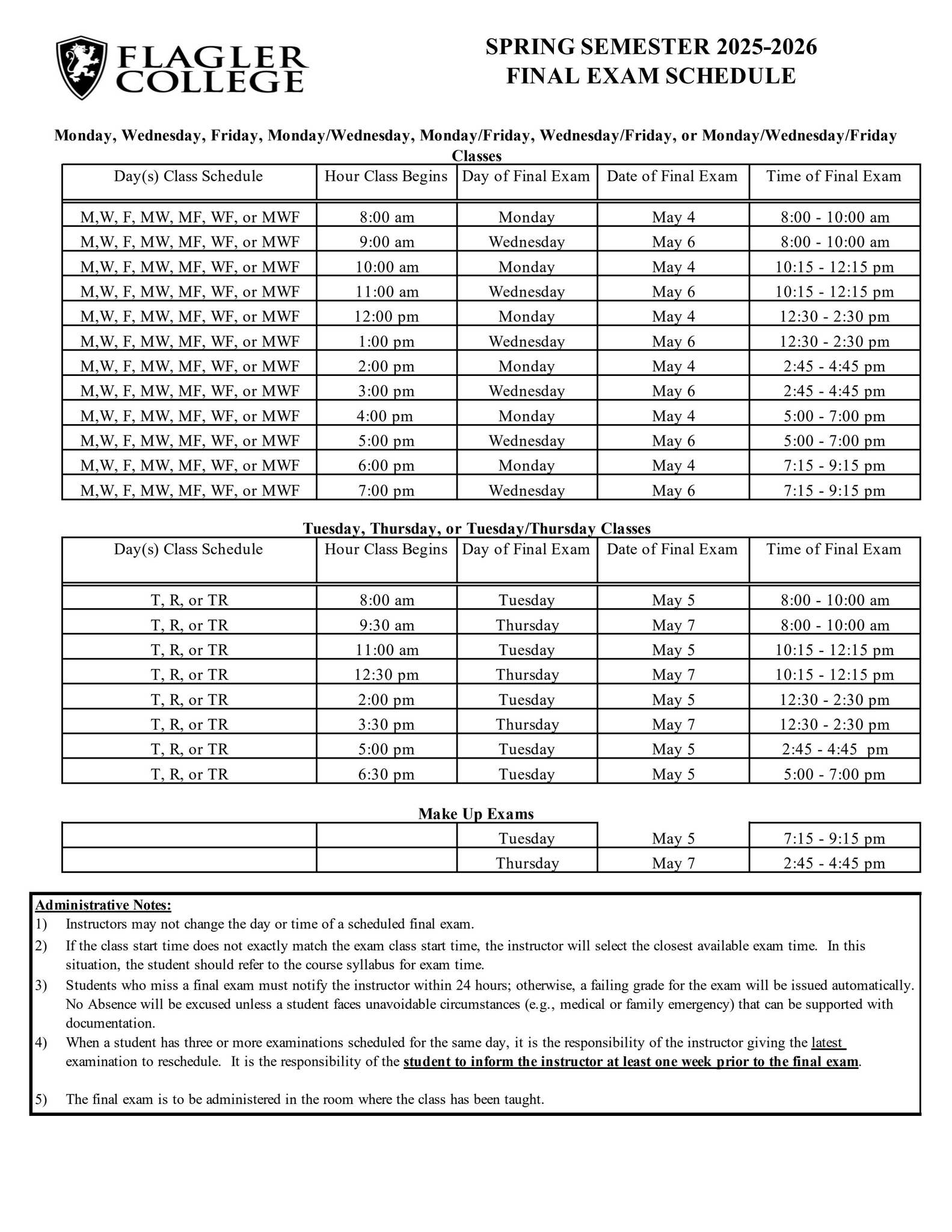 Final Exam Schedule Spring 2025-2026 by Flagler College - Issuu