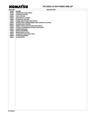 Parts manual - Komatsu PC138US-10 (US) Crawler Excavator Sn F40003 AND ...