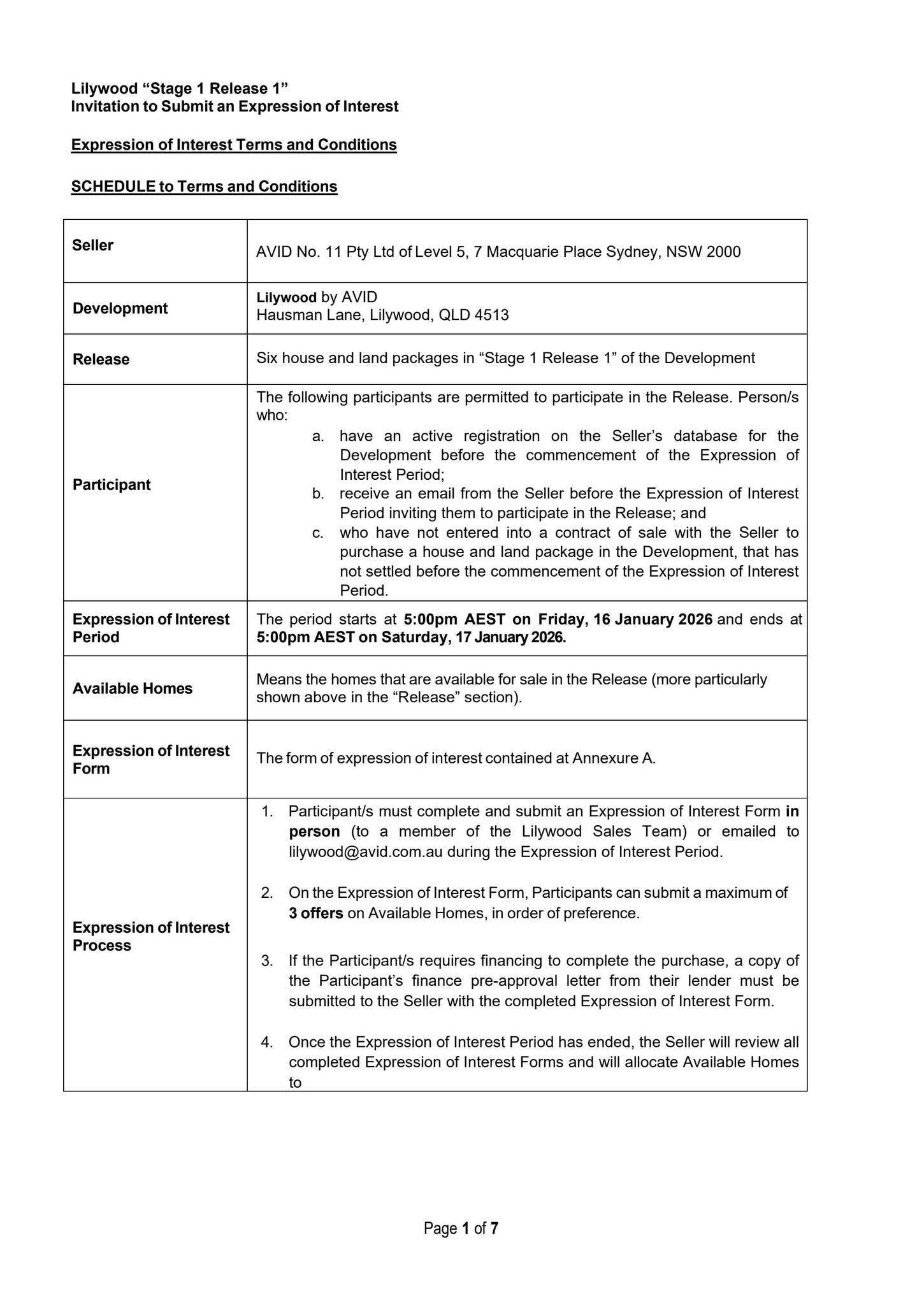 Lilywood Stage 1 Release 1 - EOI, Terms & Conditions by AVID Property ...