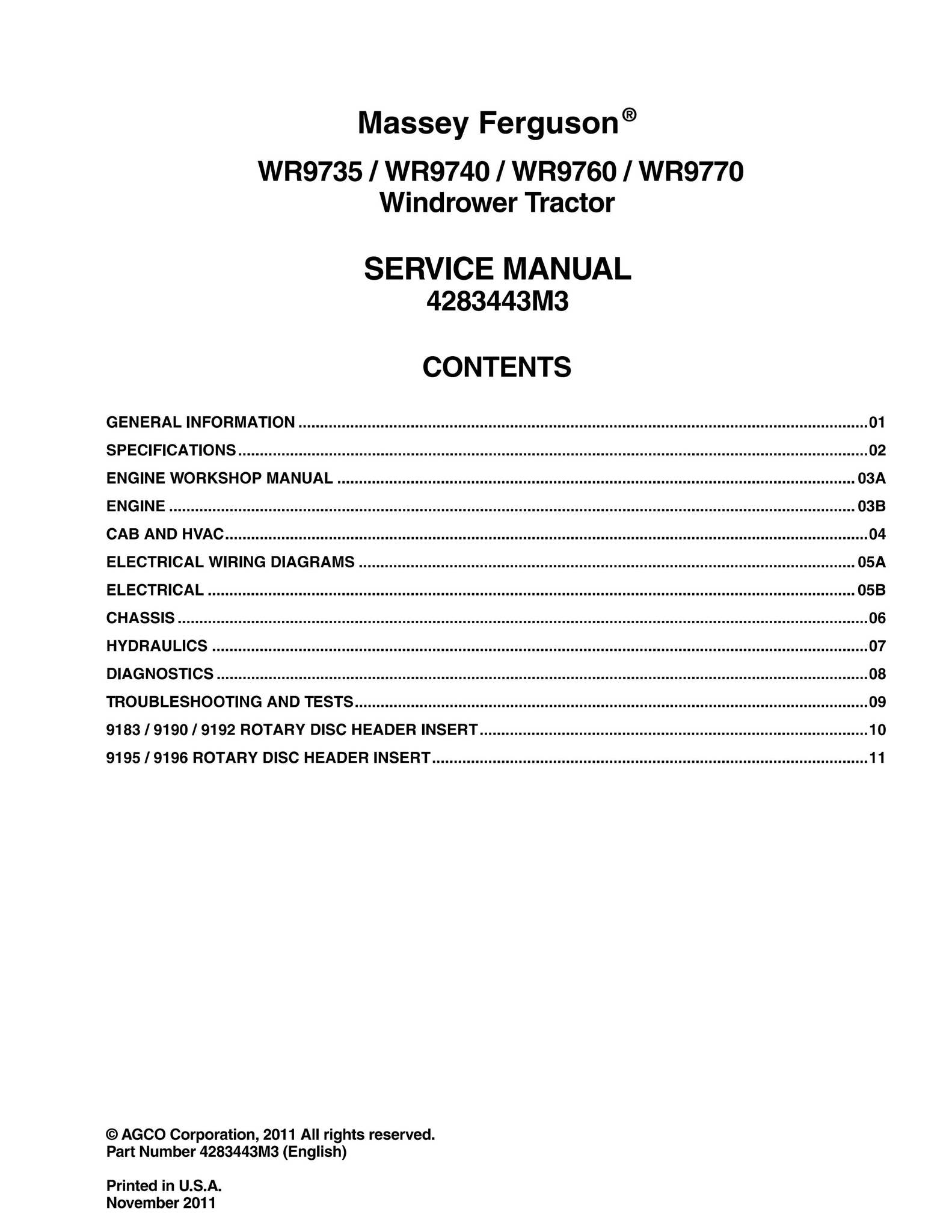 Service Manual - Massey Ferguson WR9735 WR9740 WR9760 WR9770 Windrower ...