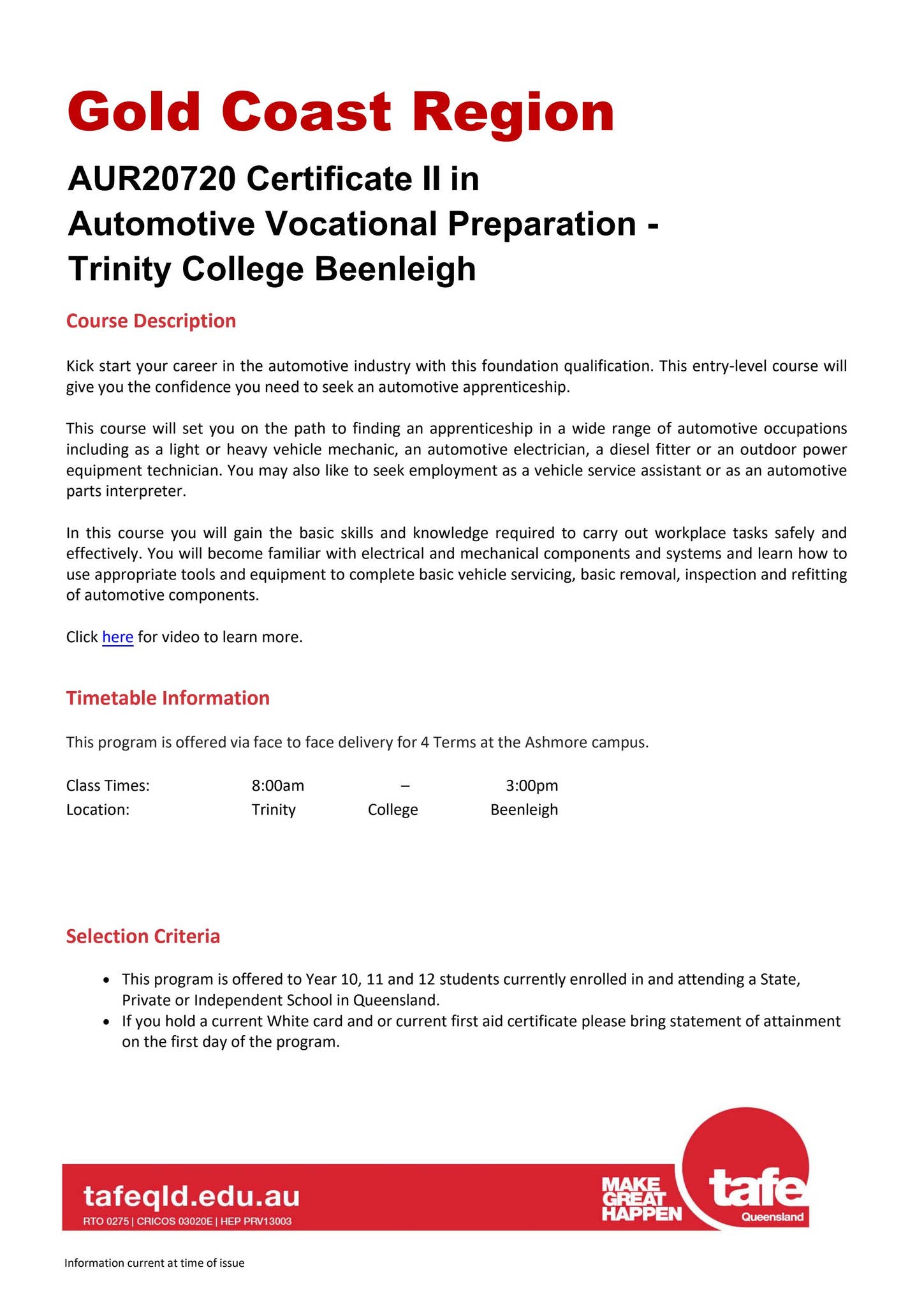 Course Brochure - Trinity Certificate II in Automotive Vocational ...