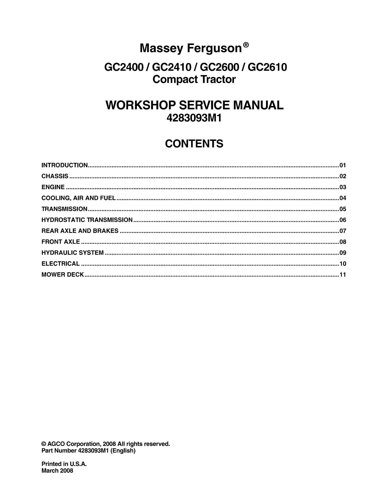 Service Manual - Massey Ferguson Gc2400 Gc2410 Gc2600 Gc2610 Compact ...