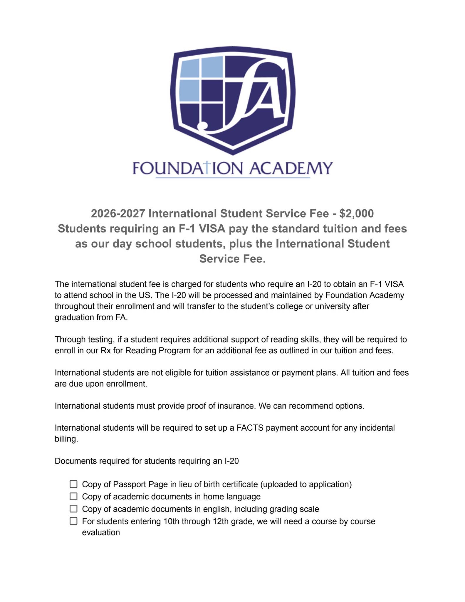 FA International Student Fees by Foundation Academy - Issuu
