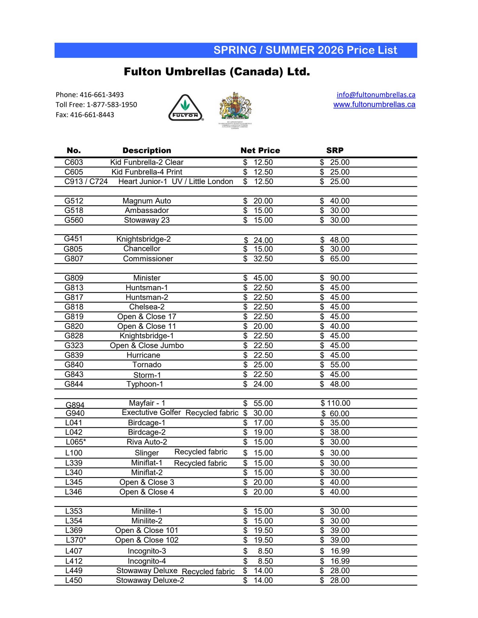 Fulton Price List Spring Summer 2026 by fultonumbrellascanada - Issuu