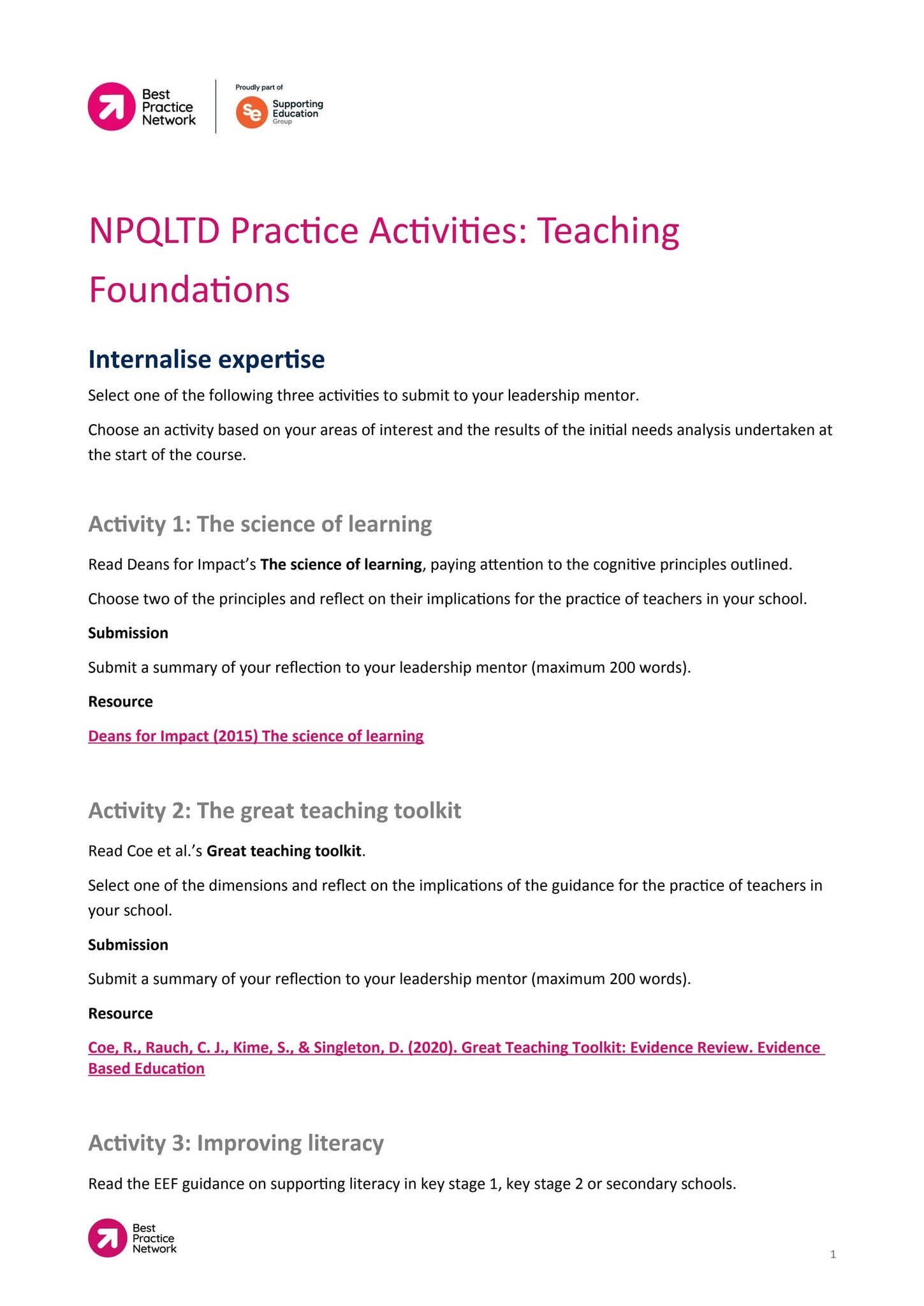 NPQLTD Induction Practice Activities by Best-Practice-Network - Issuu
