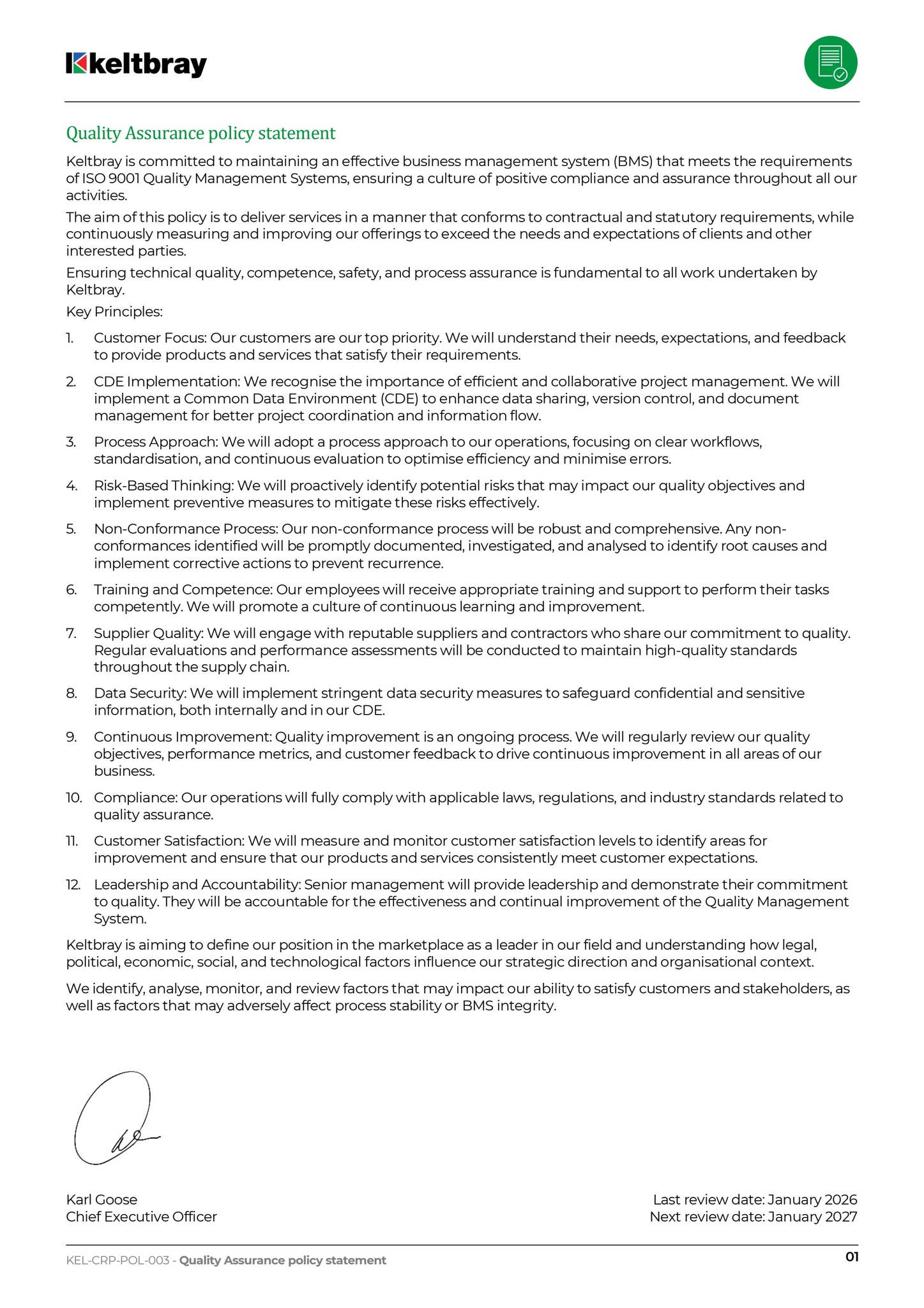 Quality Assurance policy statement by Keltbray - Issuu