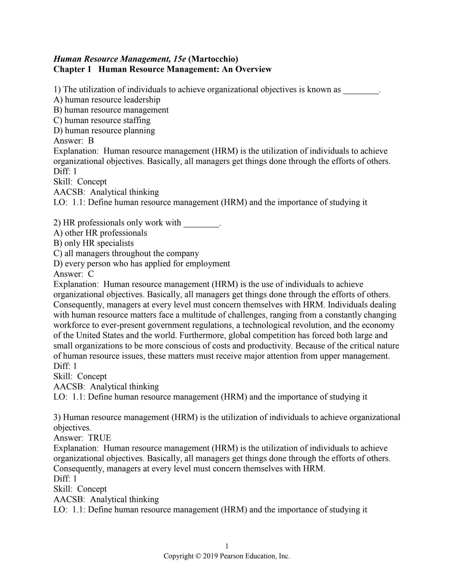 Test Bank for Human Resource Management 15TH Edition by Martocchio ...