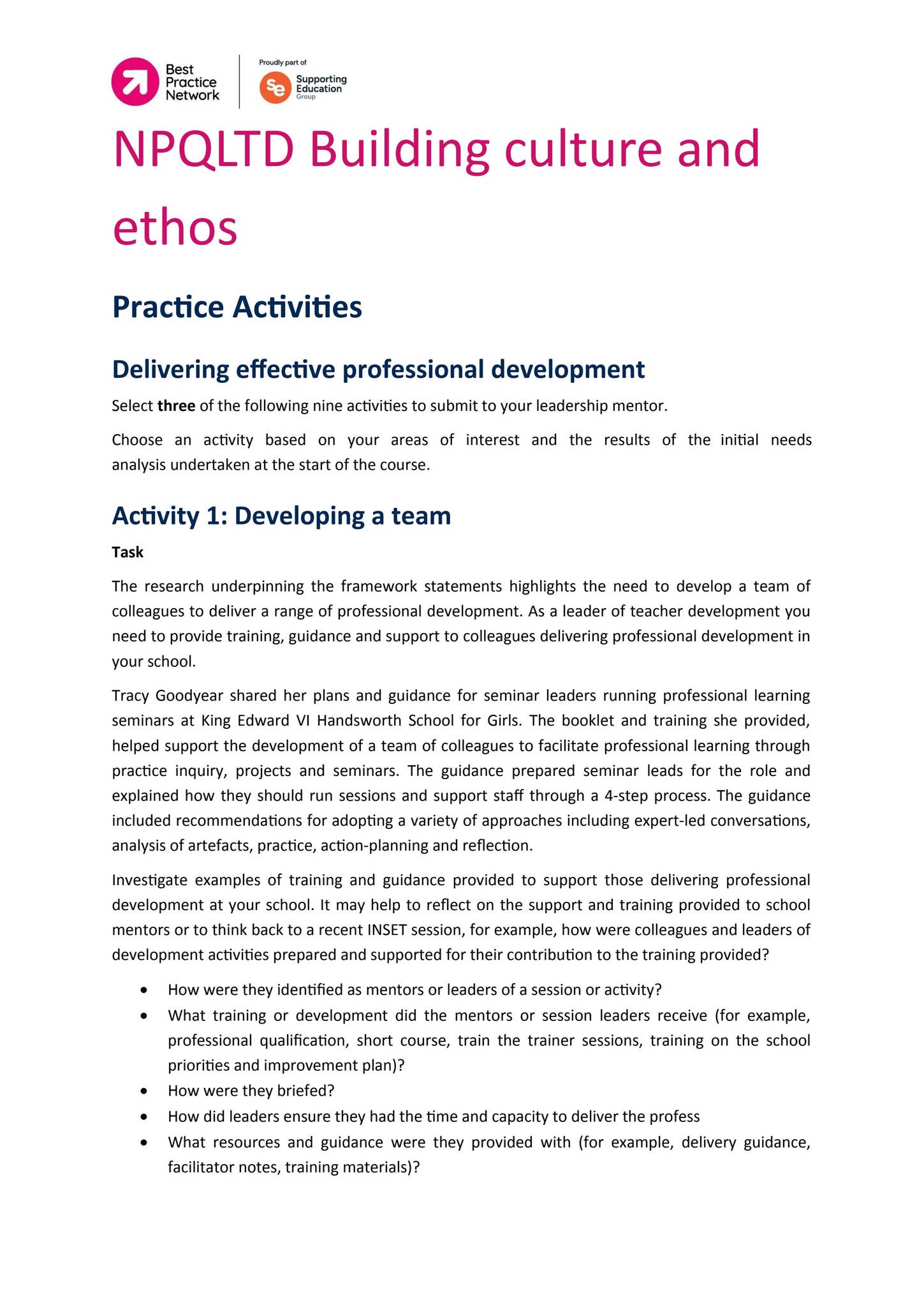 NPQLTD Building culture and ethos Practice activities by Best-Practice ...