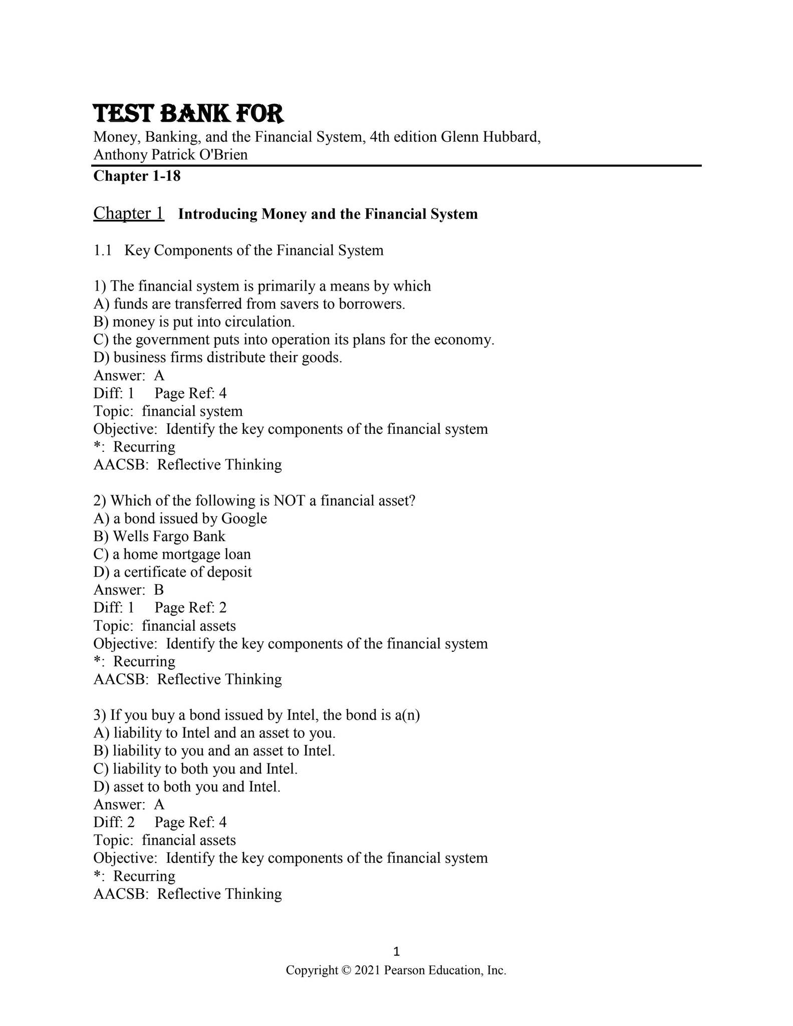 Test Bank for Money, Banking, and the Financial System, 4th edition ...