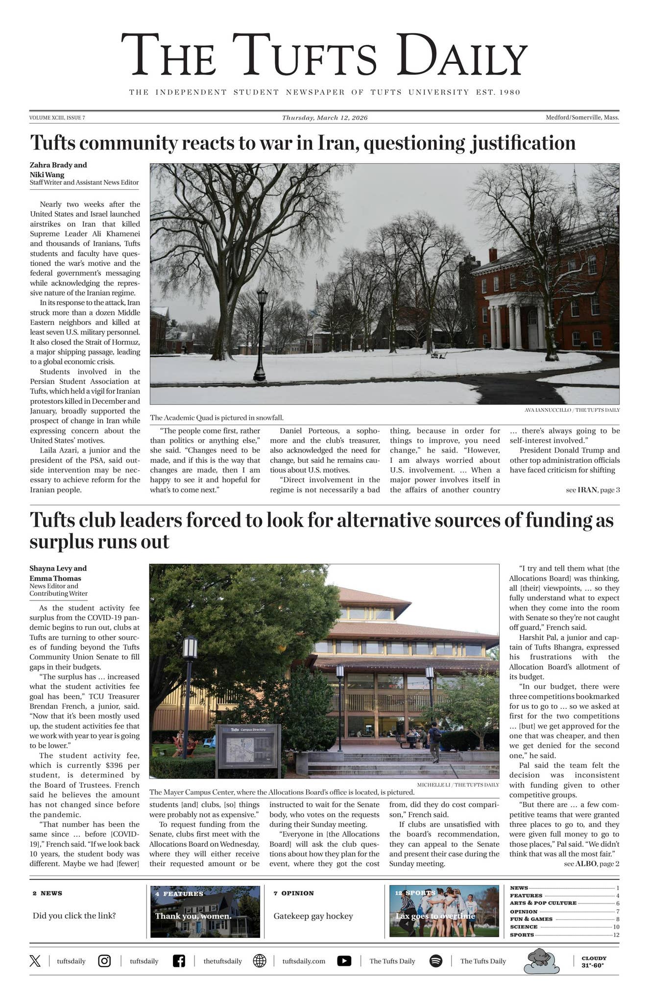 The Tufts Daily - Thursday, March 12, 2026 by The Tufts Daily - Issuu