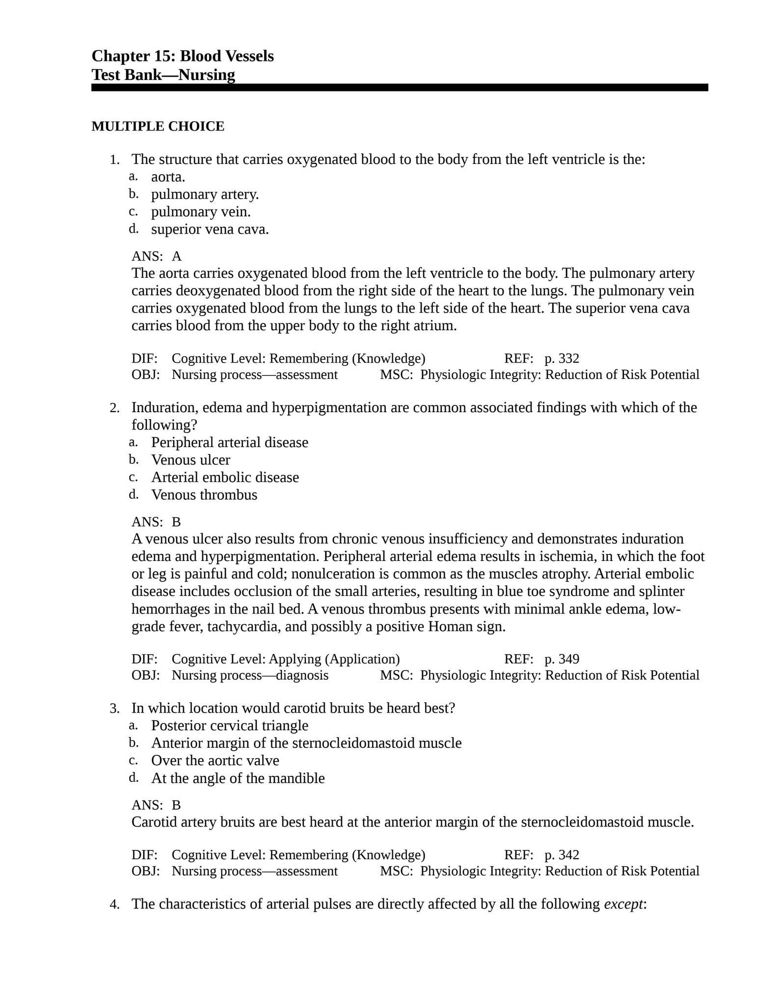 Testbank Chapter 15 Blood Vessels and Blood Circulation by AnswerDone ...