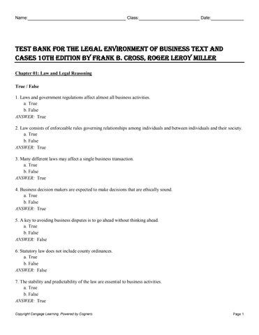 Test Bank For The Legal Environment of Business Text and Cases 10th ...