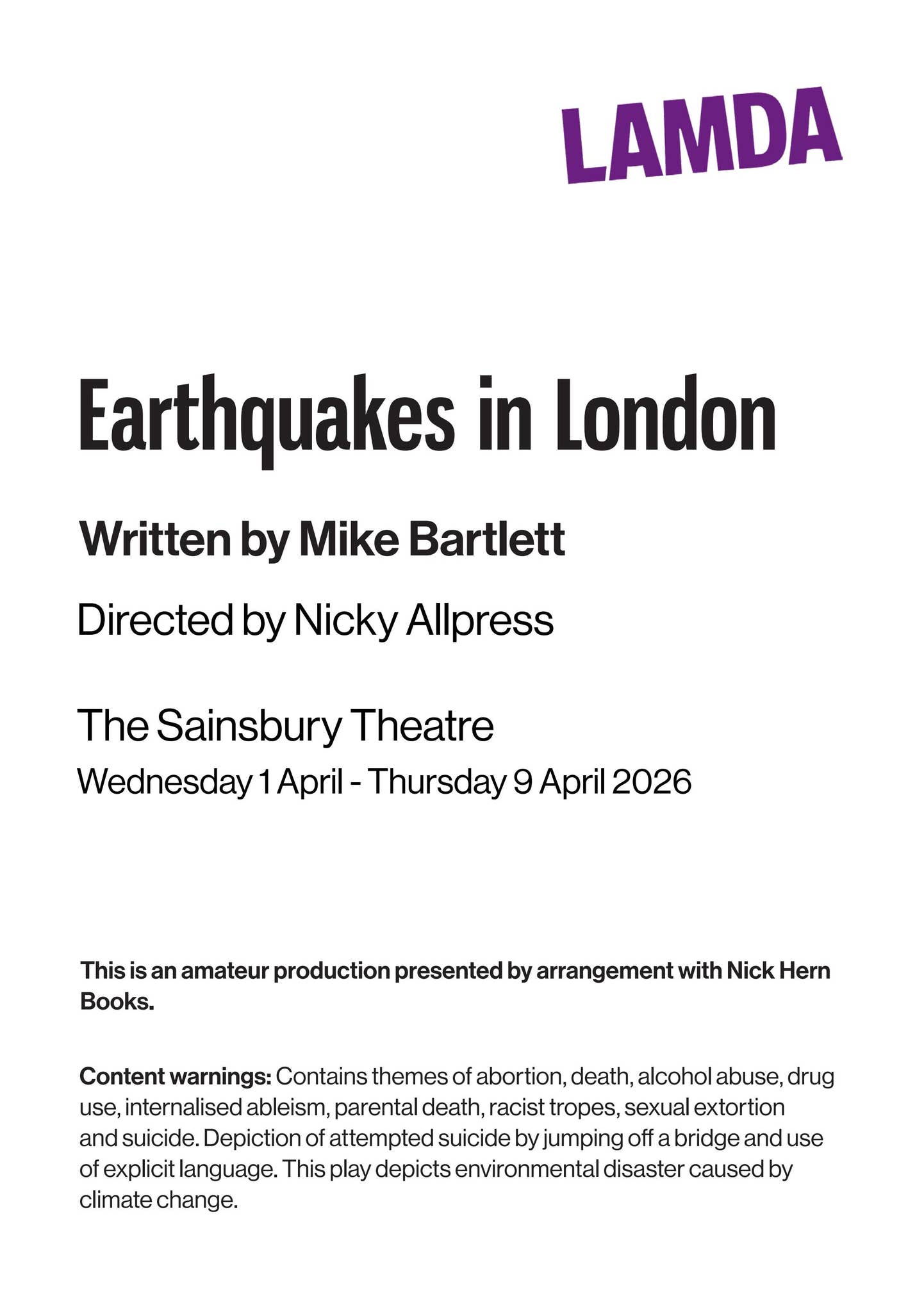 Earthquakes in London (Cast Sheet) by LAMDA - Issuu
