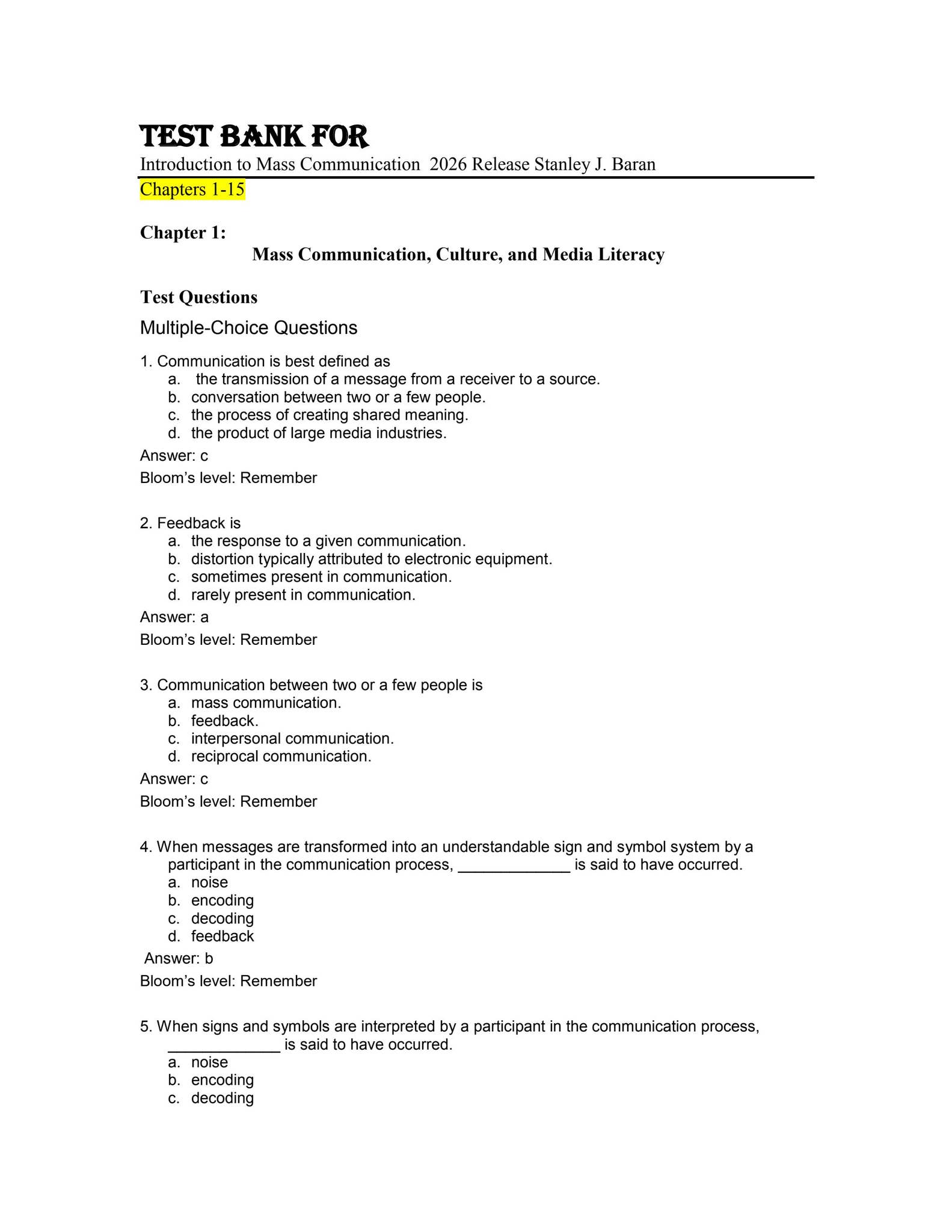 Test Bank For Introduction to Mass Communication 2026 Release Stanley J ...