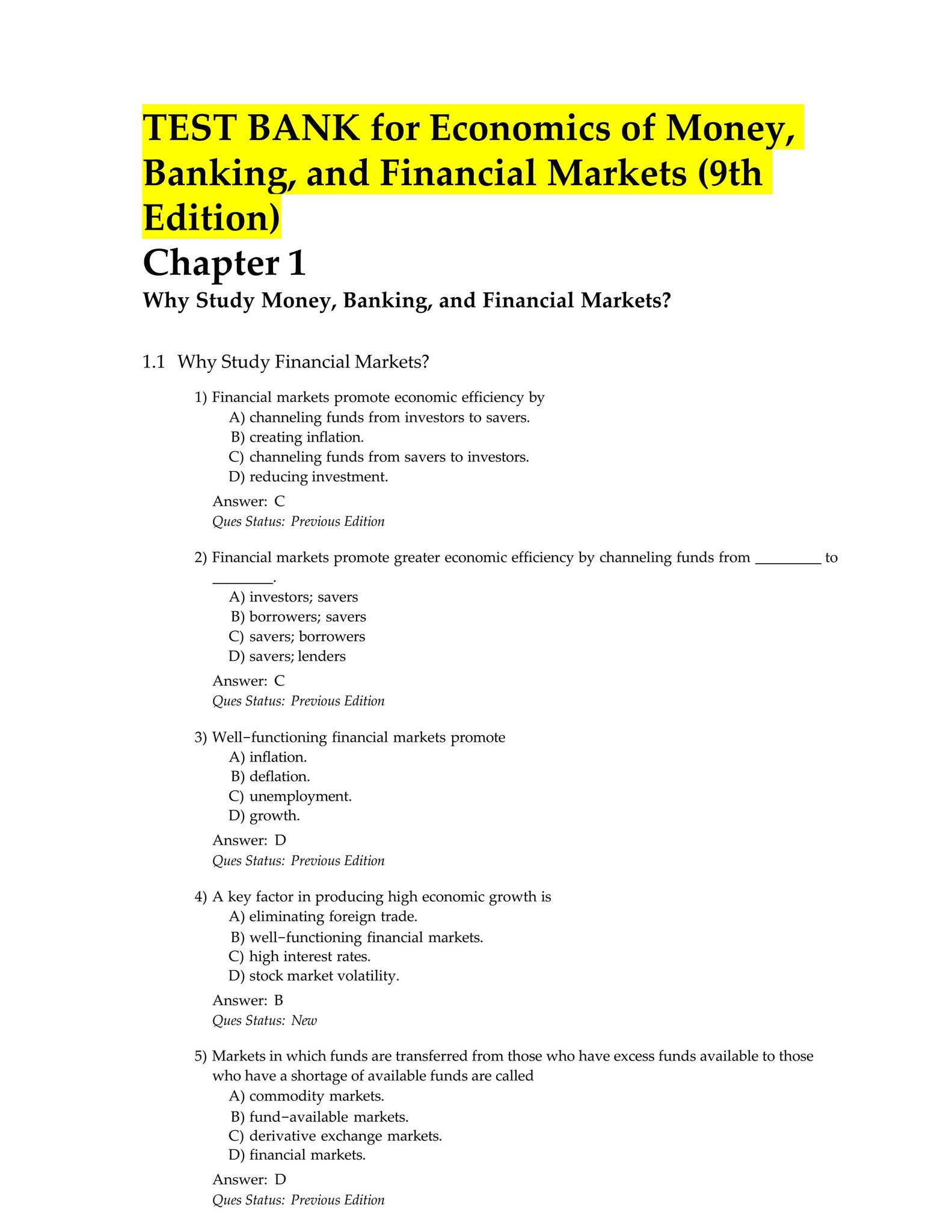 TEST BANK for Economics of Money, Banking, and Financial Markets (9th ...