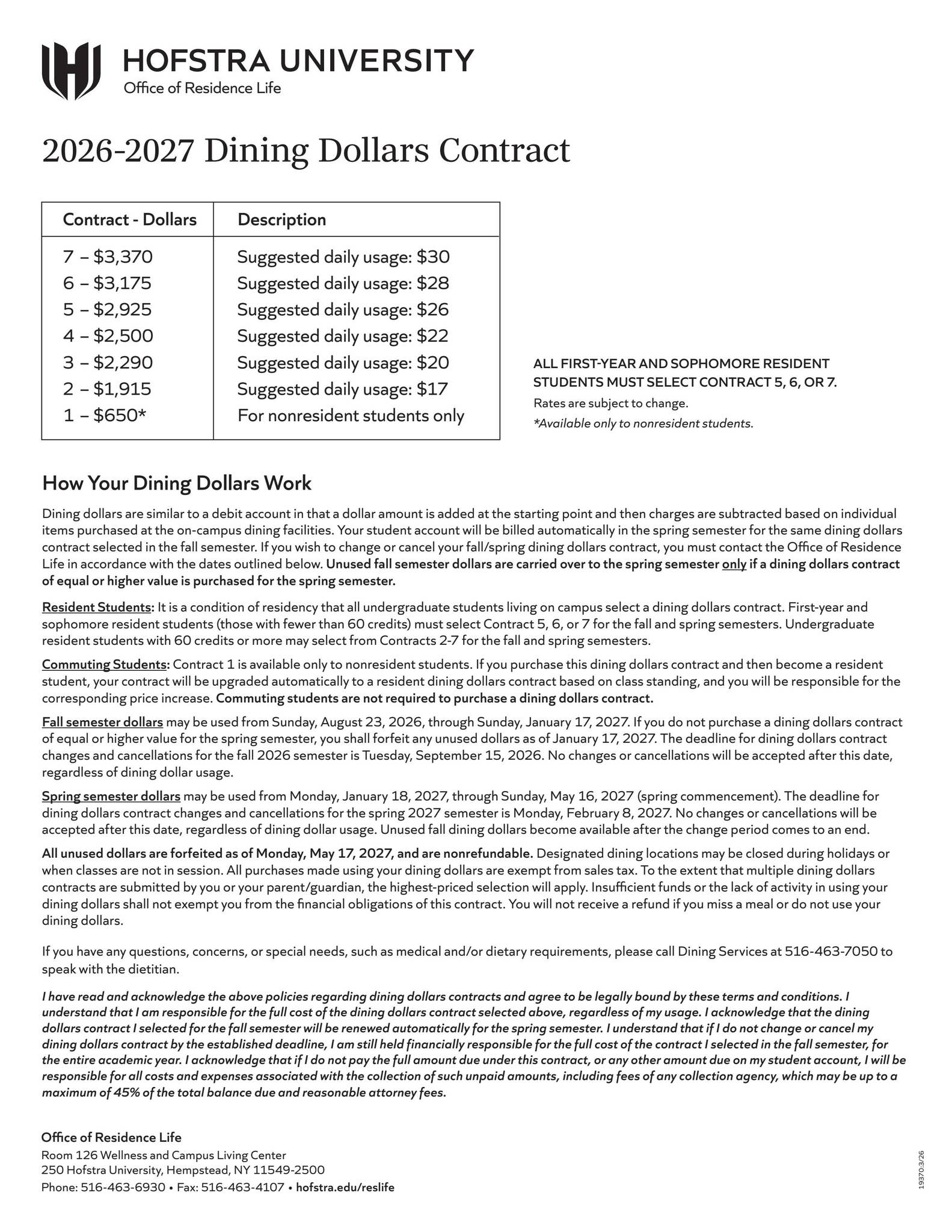 2026-2027 Dining Dollars Contract - Undergraduate - Hofstra University ...