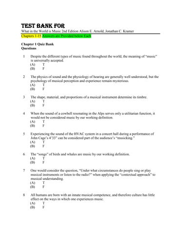 Test Bank For What in the World is Music 2nd Edition Alison E. Arnold ...