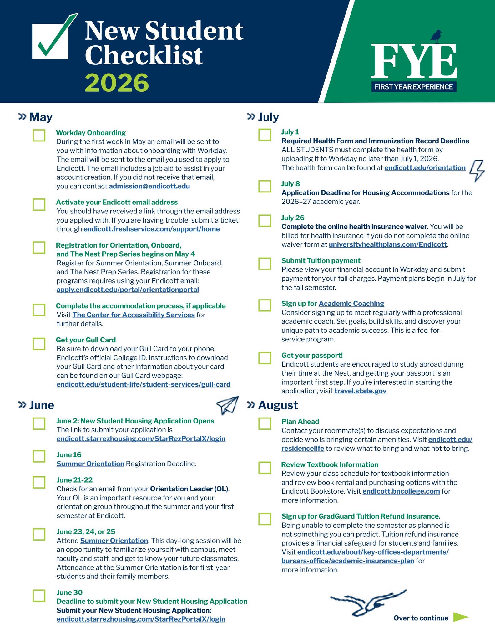 New Student Checklist - 2026 by Office of Admission at Endicott College ...